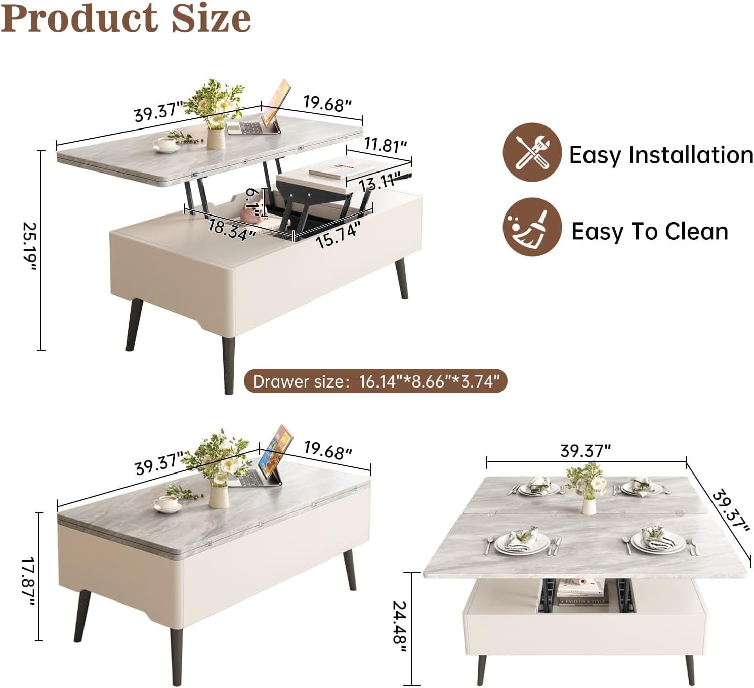 39.37" Lift Top Coffee Table with Storage, Extendable Multi-Function ...