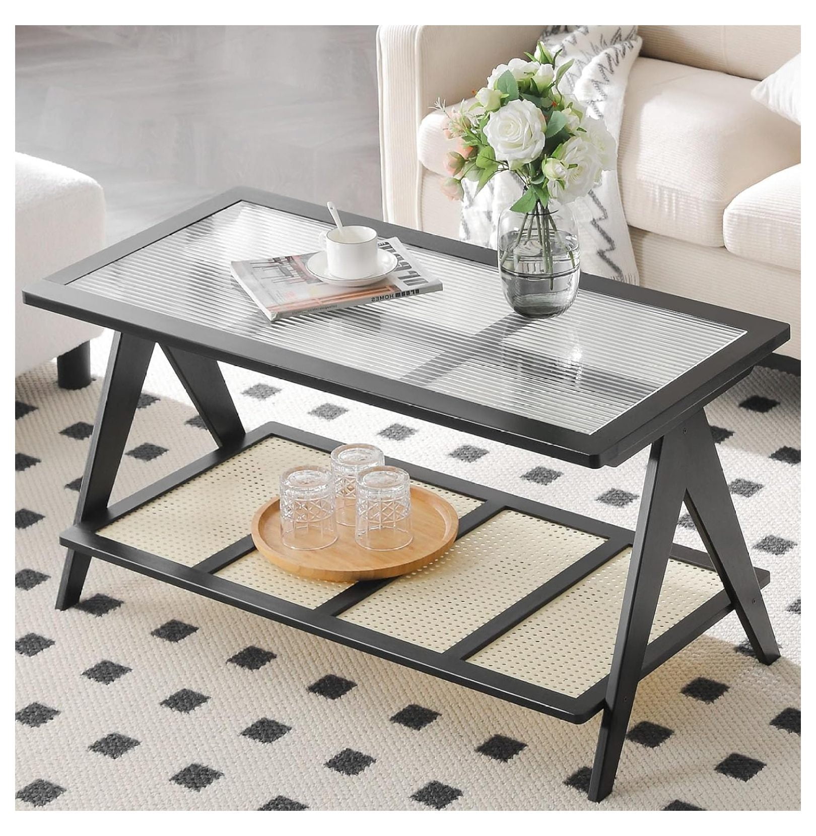 39.4" 2-Tier Boho Rattan Coffee Table with Ribbed Glass Top, Bamboo ...