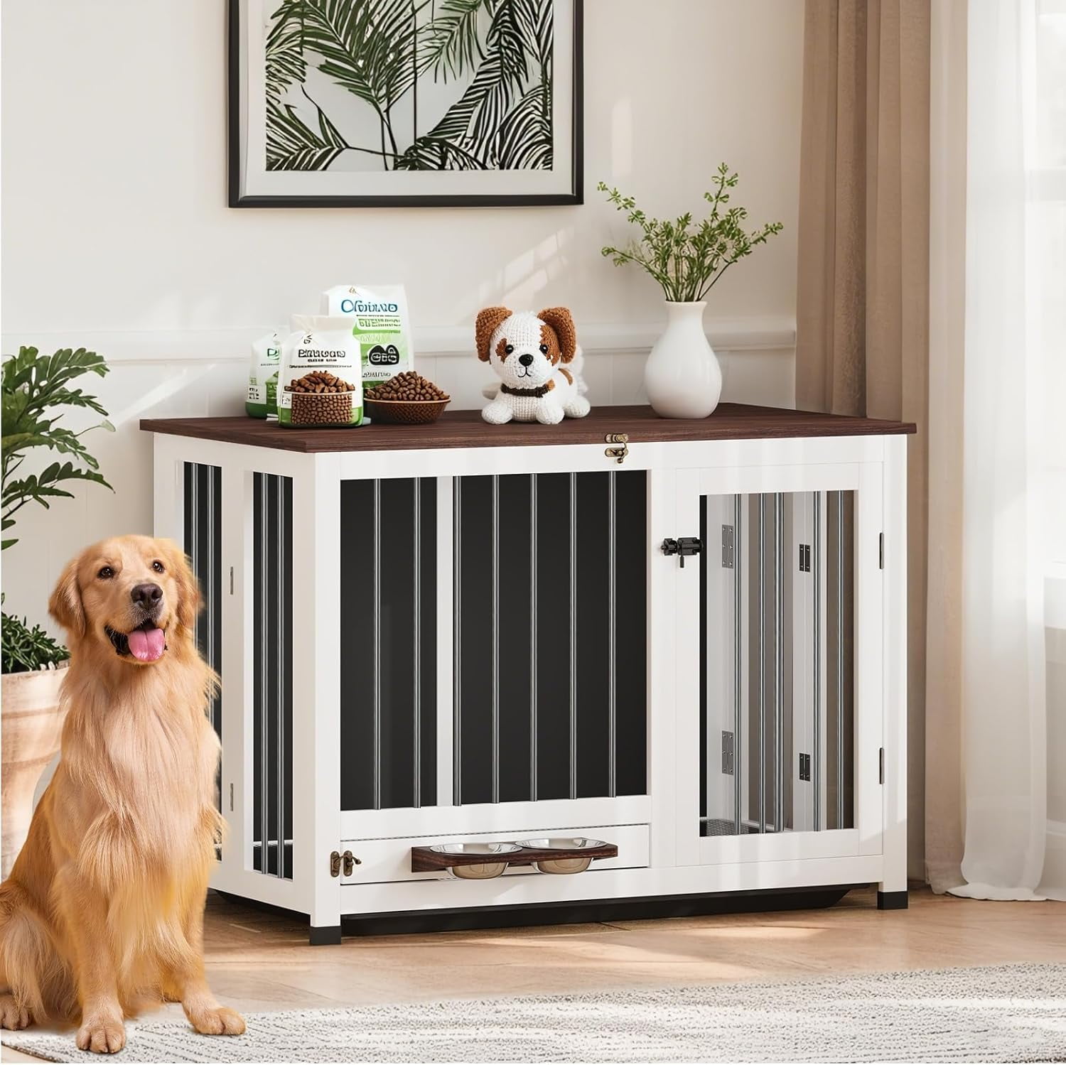 39.4" Dog Crate - Wooden Dog Kennel Furniture with Removable Tray & 360 ...