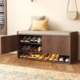 39.4" Fluted Shoe Storage Bench with Linen Seat Cushion, Adjustable ...