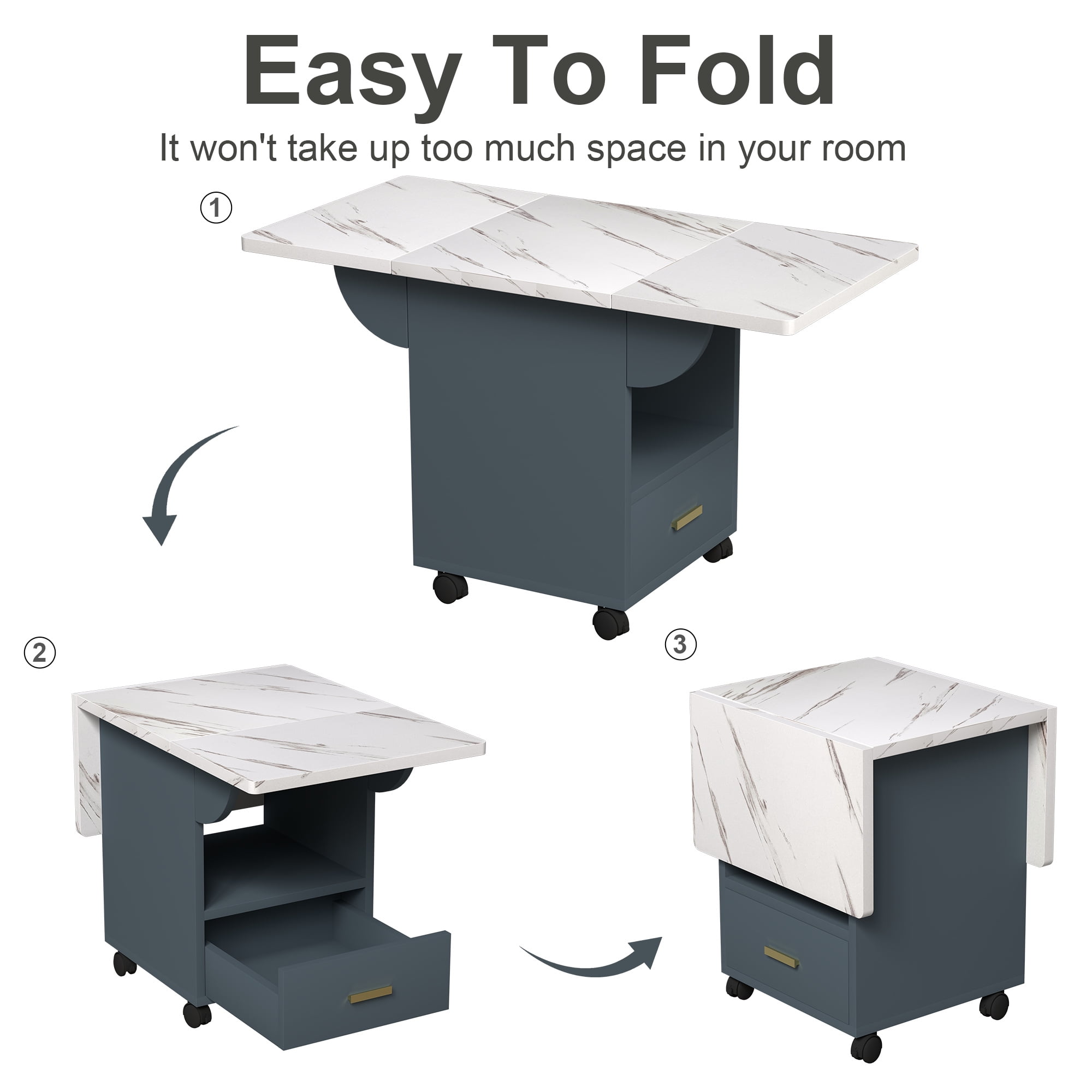 39.4" Folding Dining Table with Storage Drawer & 4 Wheels, Multi ...
