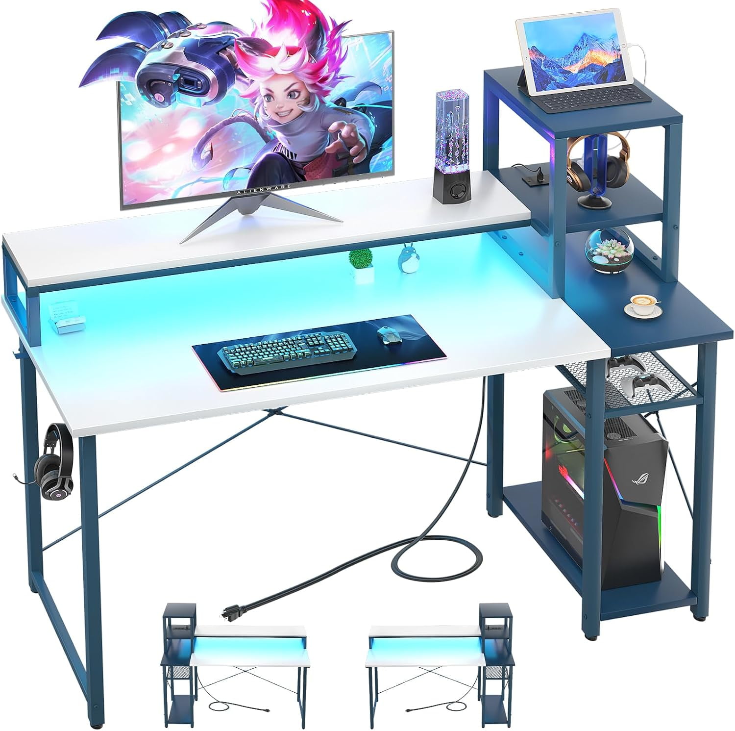 39.4'' Gaming Desk with LED and Storage Shelves, 39 Computer Desk with ...