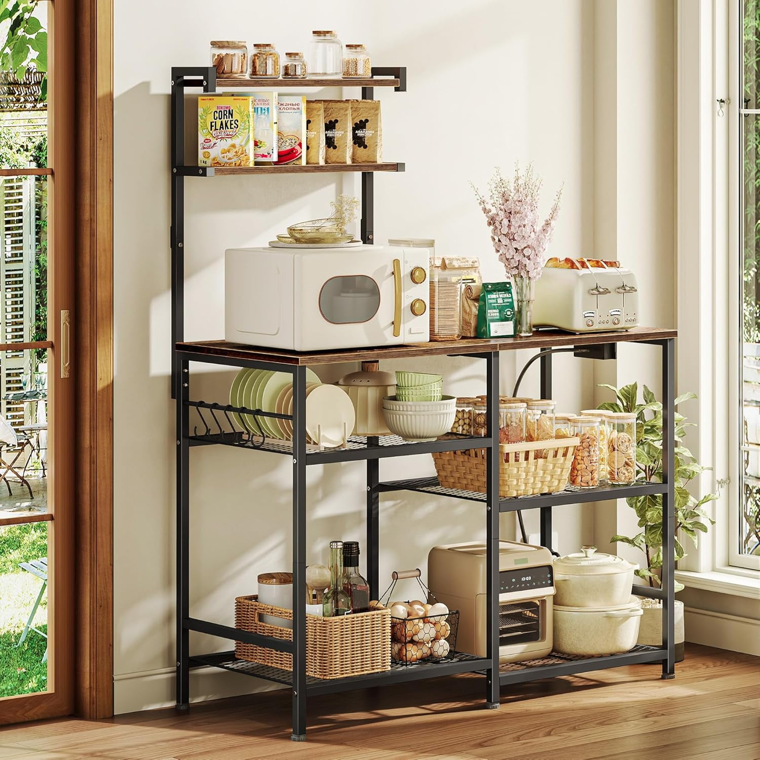 39.4 Inch Bakers Rack with Power Outlets, Kitchen Microwave Stand with ...