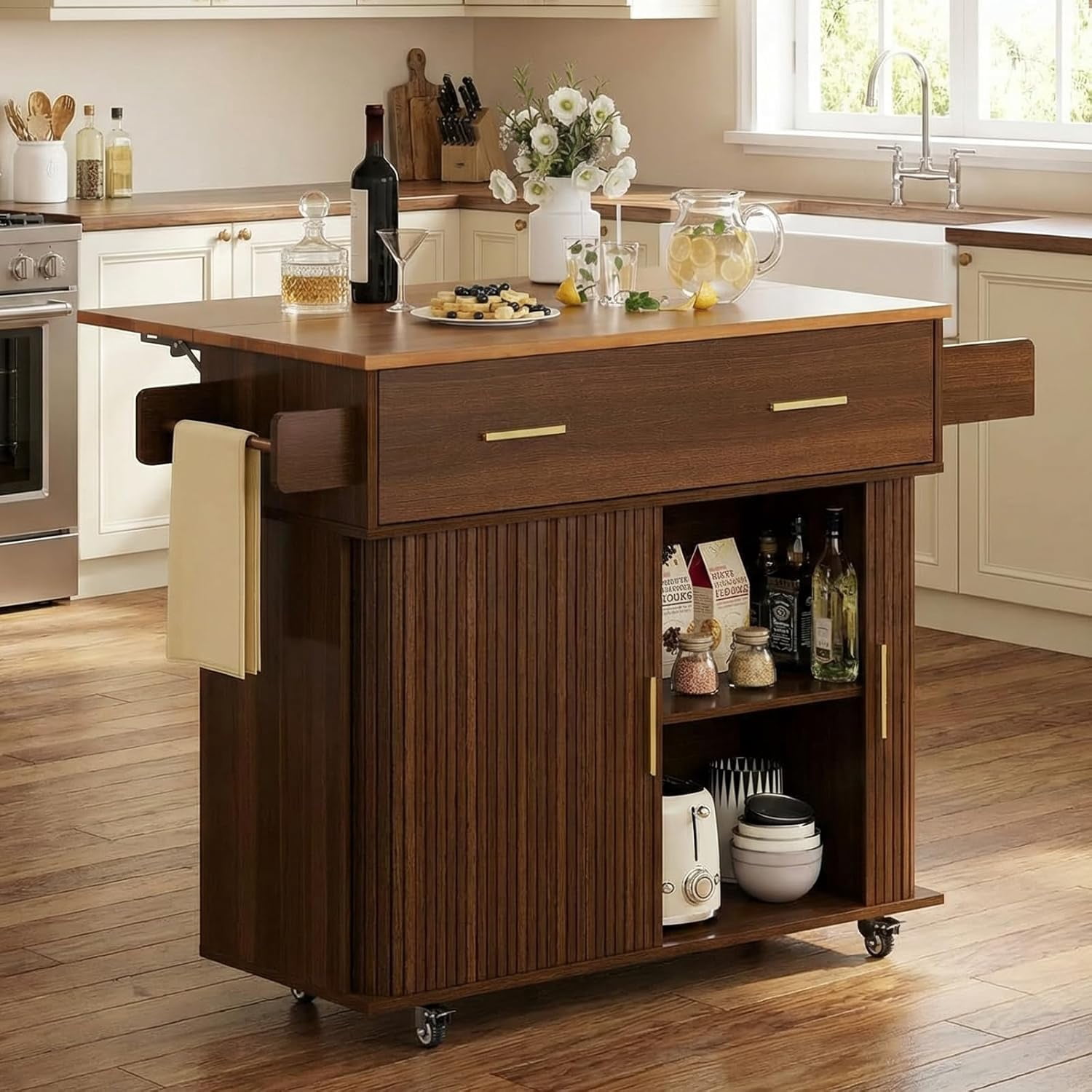 39.4-Inch Mobile Kitchen Island Cart on Wheels with Drop Leaf and ...