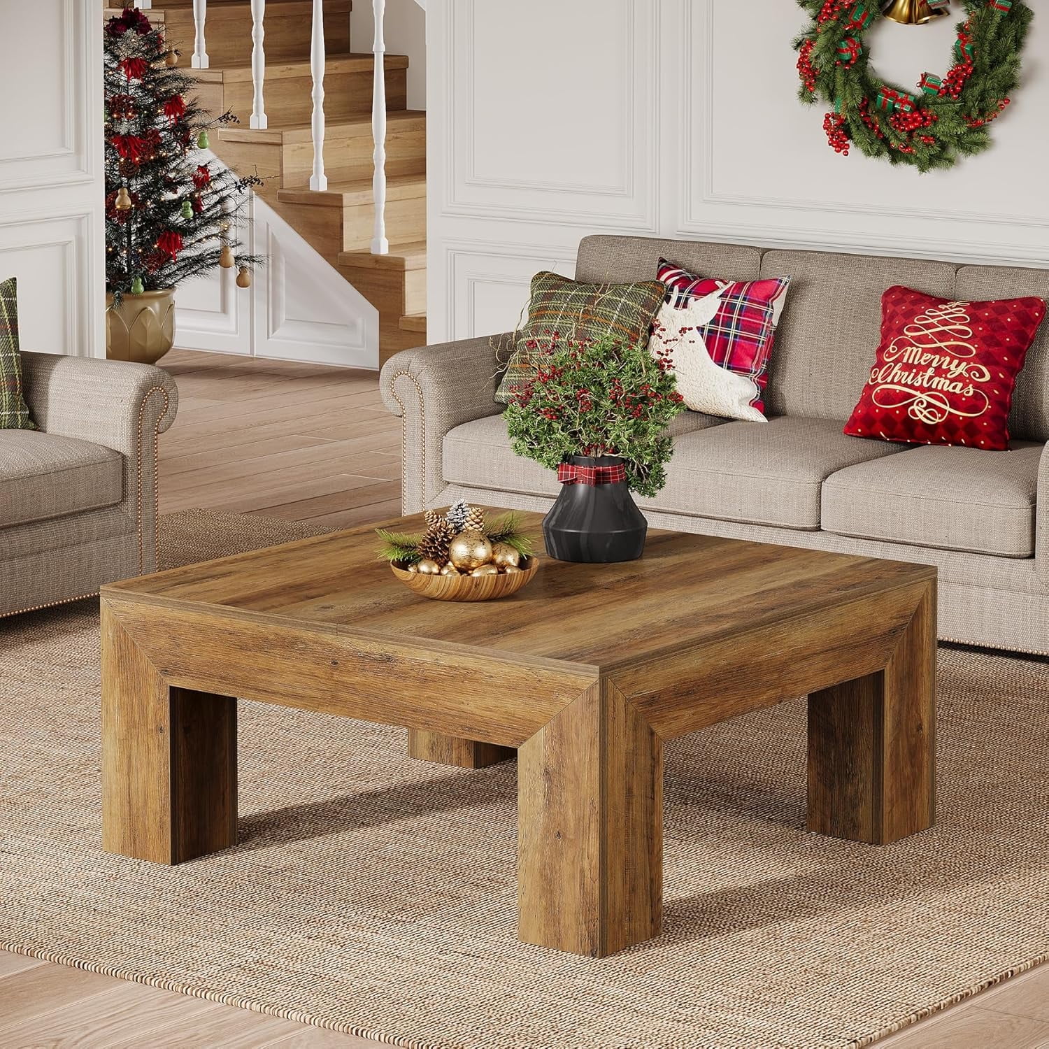 39.4-Inch Square Coffee Table for Living Room, Farmhouse All Wood ...
