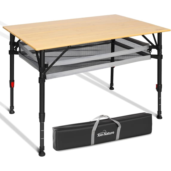 39.4'' Large Bamboo Camping Table, Adjustable Height Folding Outdoor ...