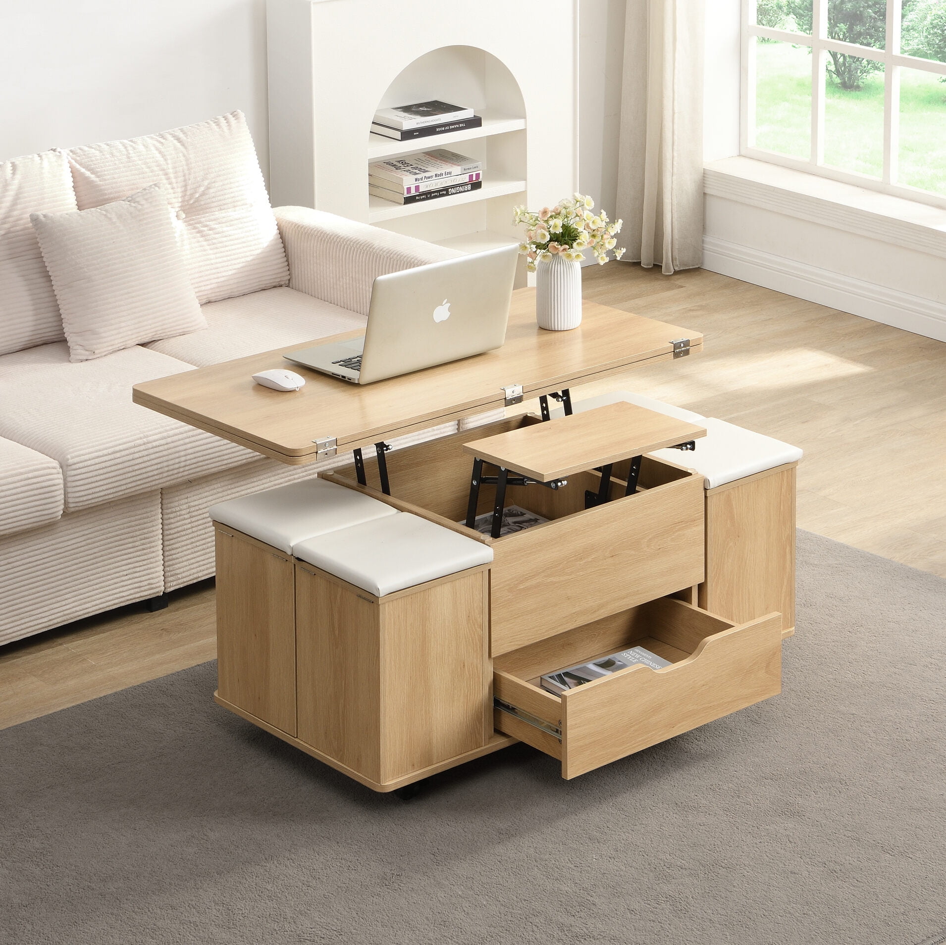 39.4" Lift Top Coffee Table with 4 Hidden Storage Stools, 3 in 1 ...
