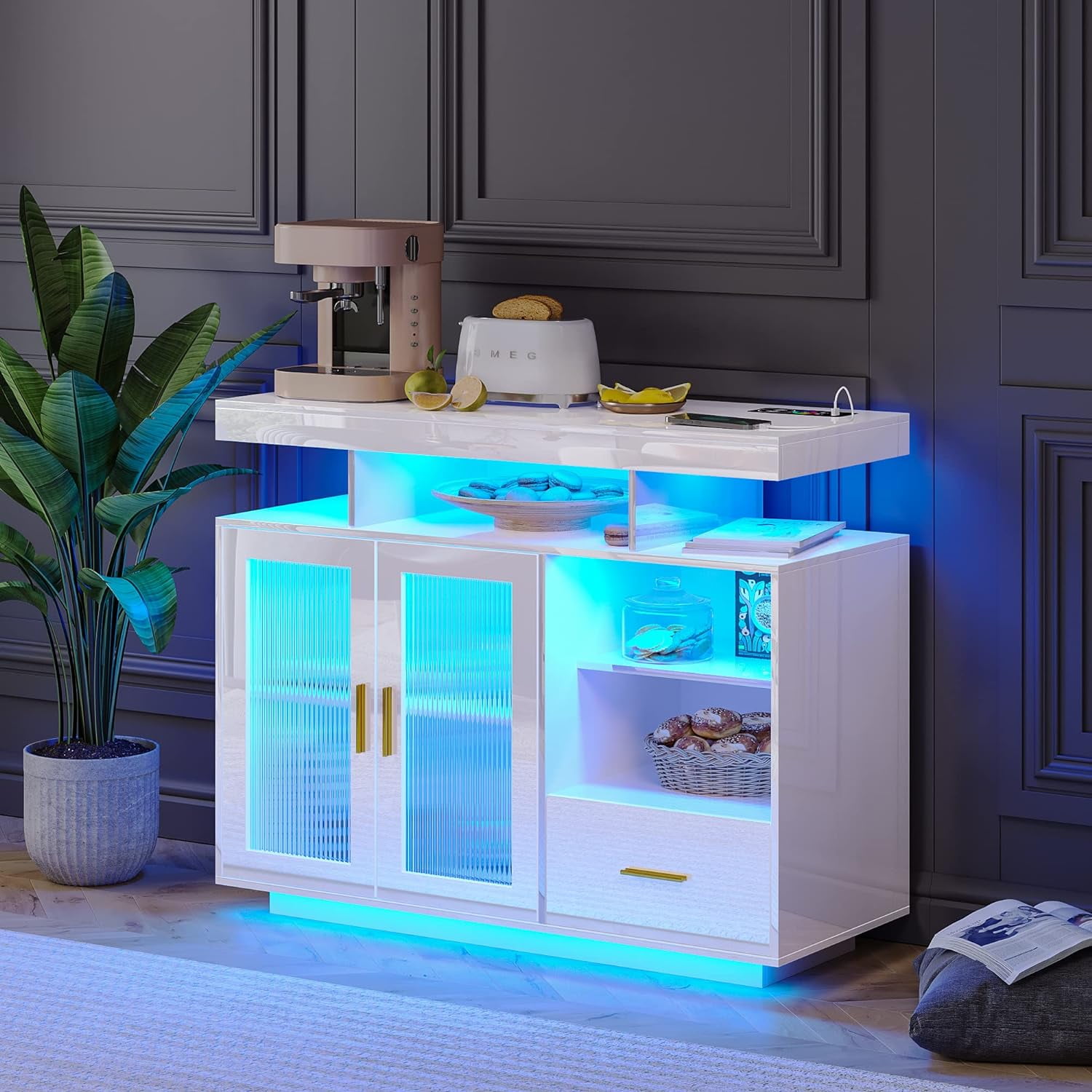 39.4" Modern LED Sideboard Buffet Cabinet with Charging Station, High ...