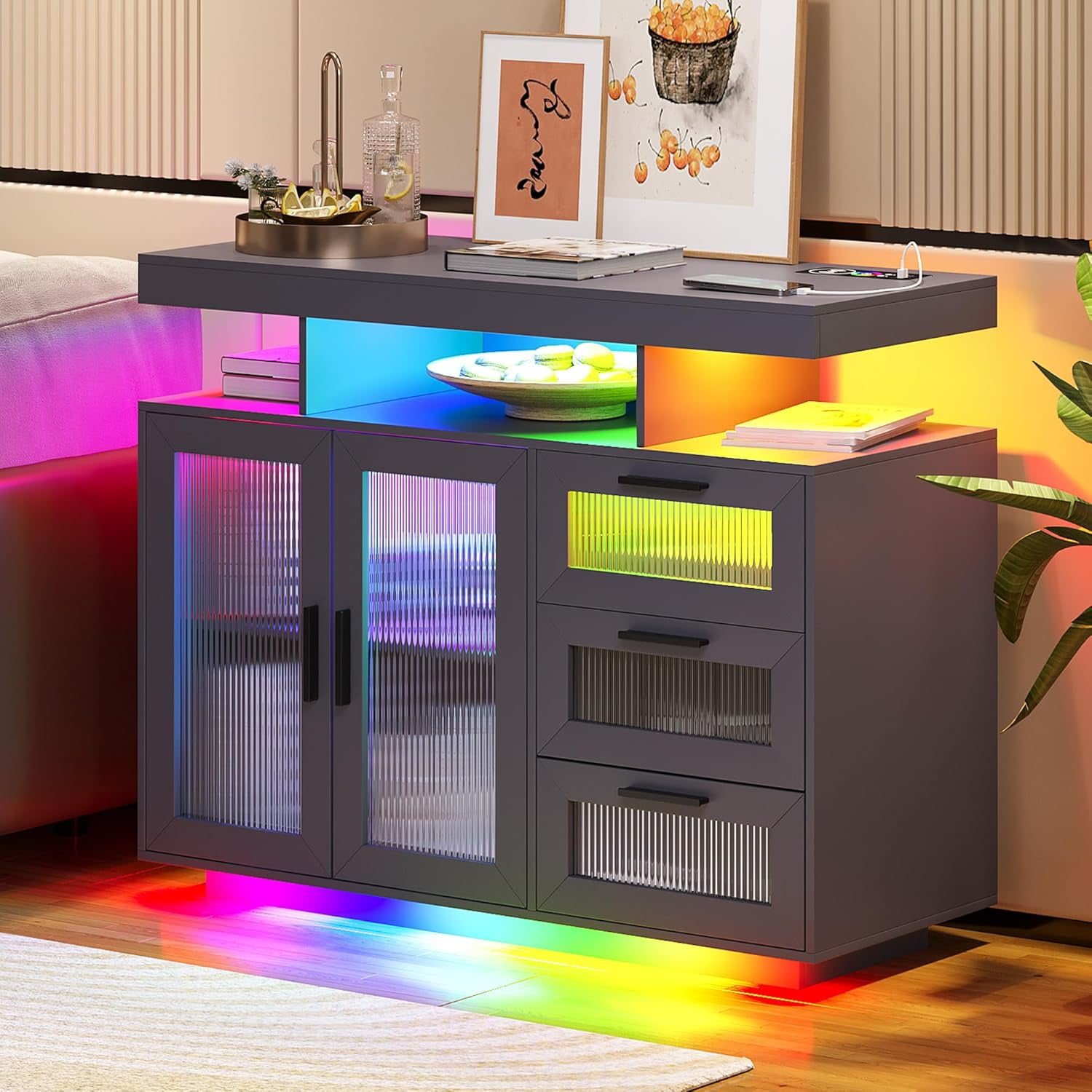 39.4" Modern LED Sideboard Buffet with Wireless Charging Station ...
