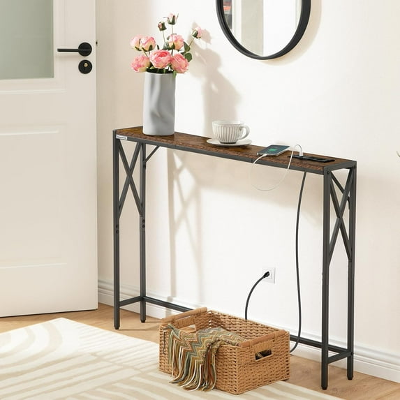 39.4" Narrow Sofa Table with Charging Station, Skinny Console Table ...