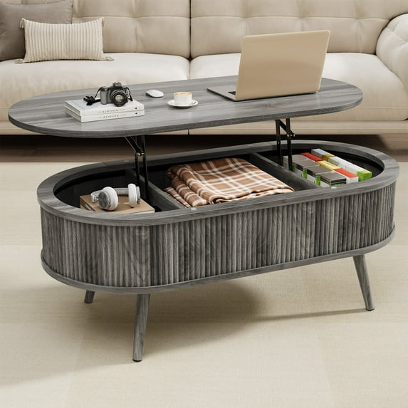 39.4" Oval Lift Top Coffee Table with Hidden Storage Compartment - Gray ...