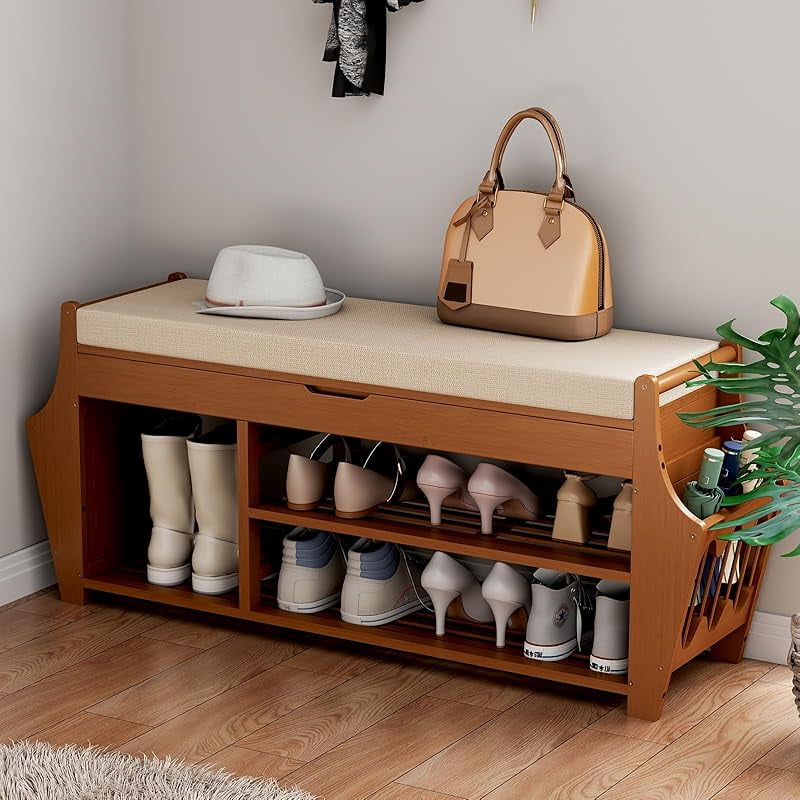 MY 39.4" Shoe Bench with Cushion and 2 Side Holders, 3-Tier Bamboo ...