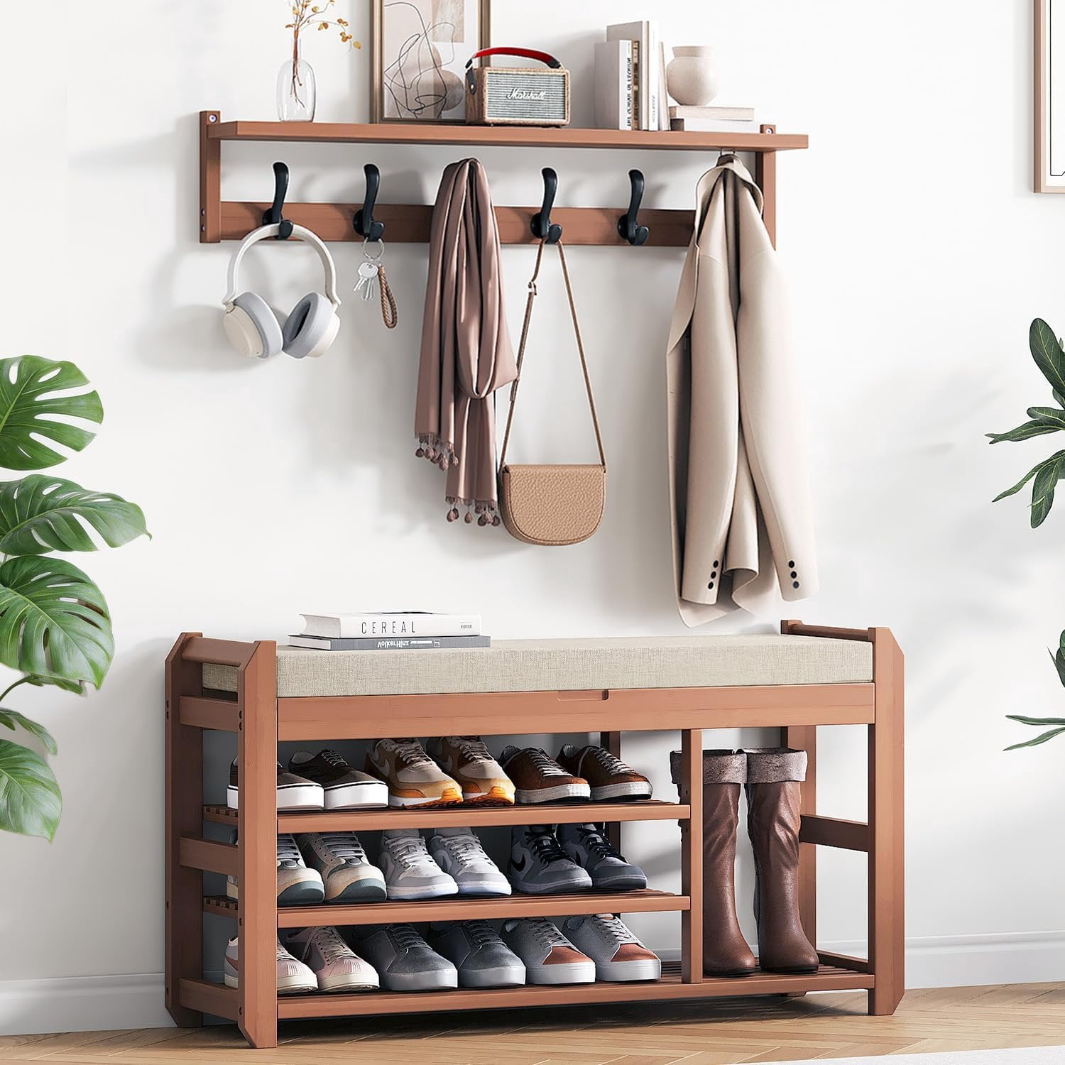 39.4" Shoe Bench with Cushion, 6 Hooks Coat Rack, 3-Tier Adjustable ...