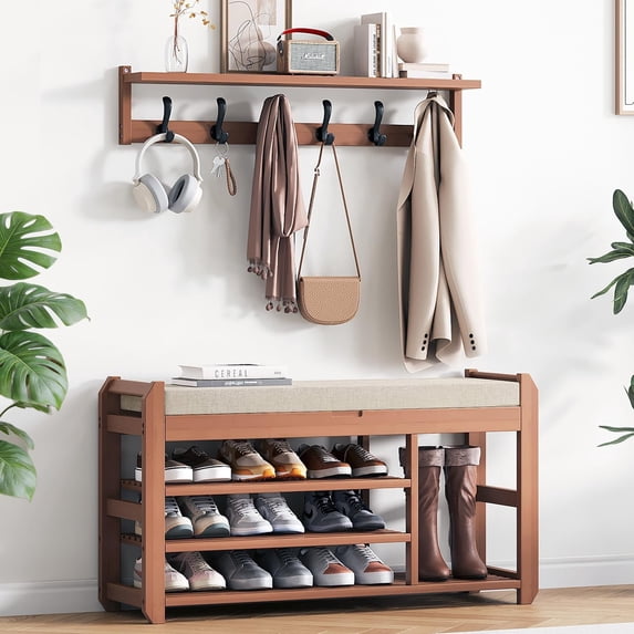 39.4" Shoe Bench with Cushion, 6 Hooks Coat Rack, 3-Tier Adjustable ...