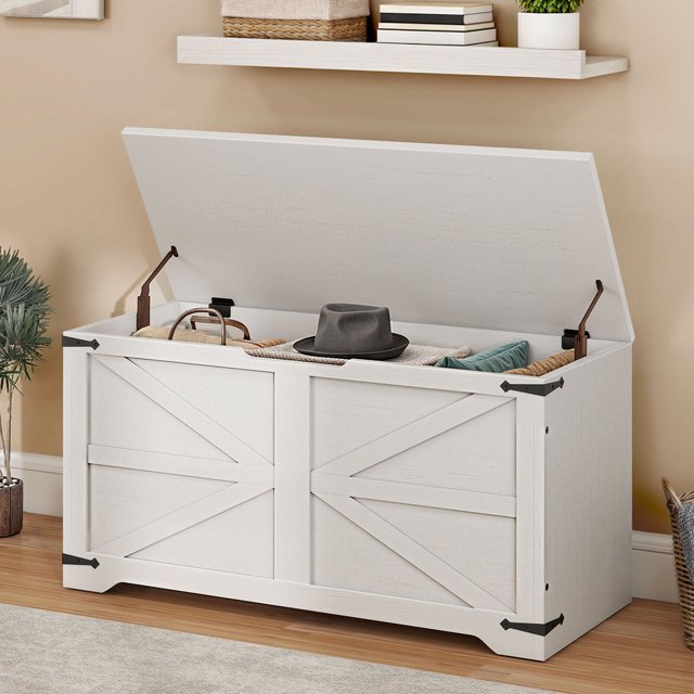 39.4'' Storage Bench Wood Storage Trunk Chest Storage Box with 2 Safety ...