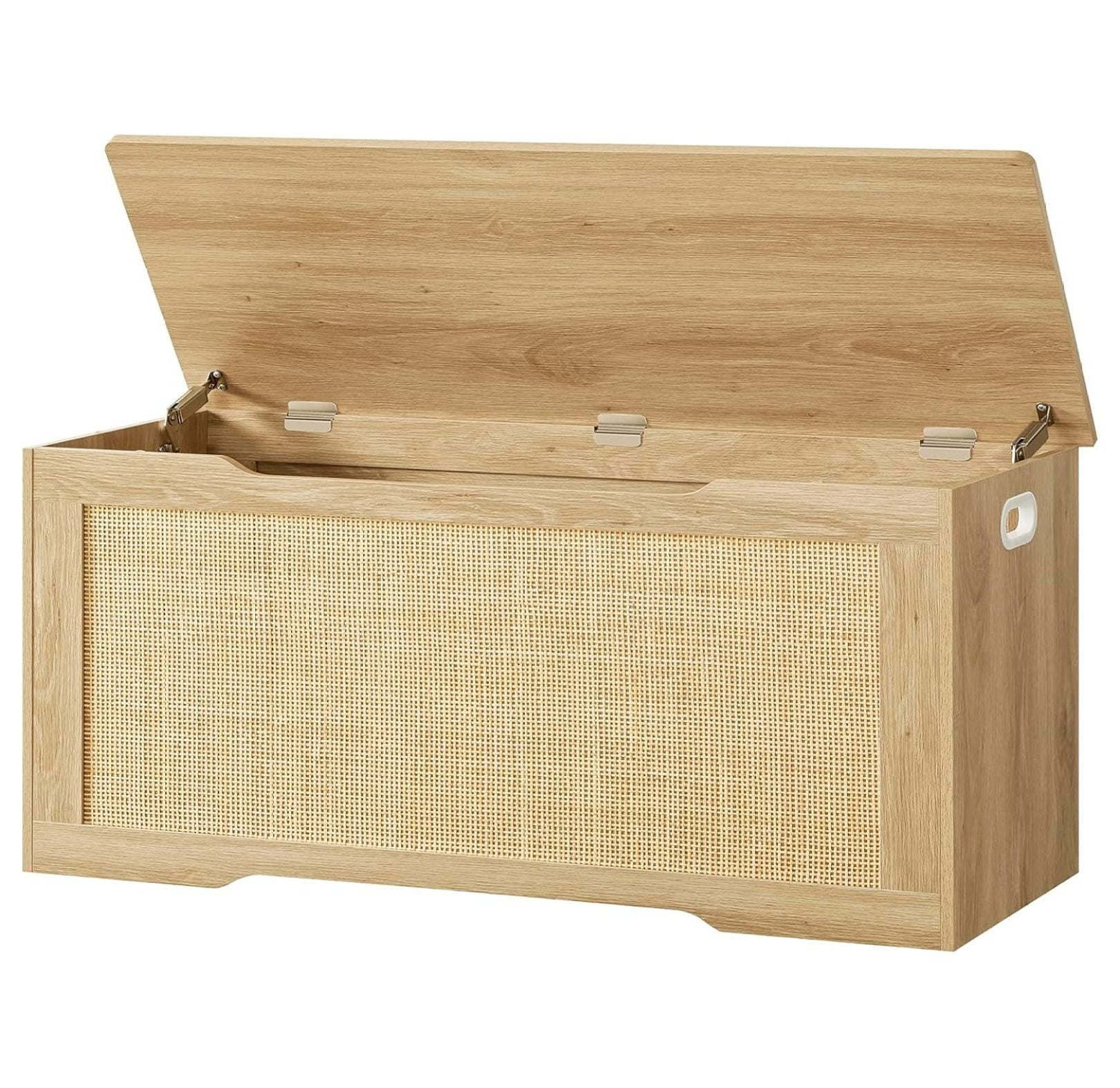 39.4” Storage Chest with Rattan, Wooden Storage Bench with 2 Safety ...