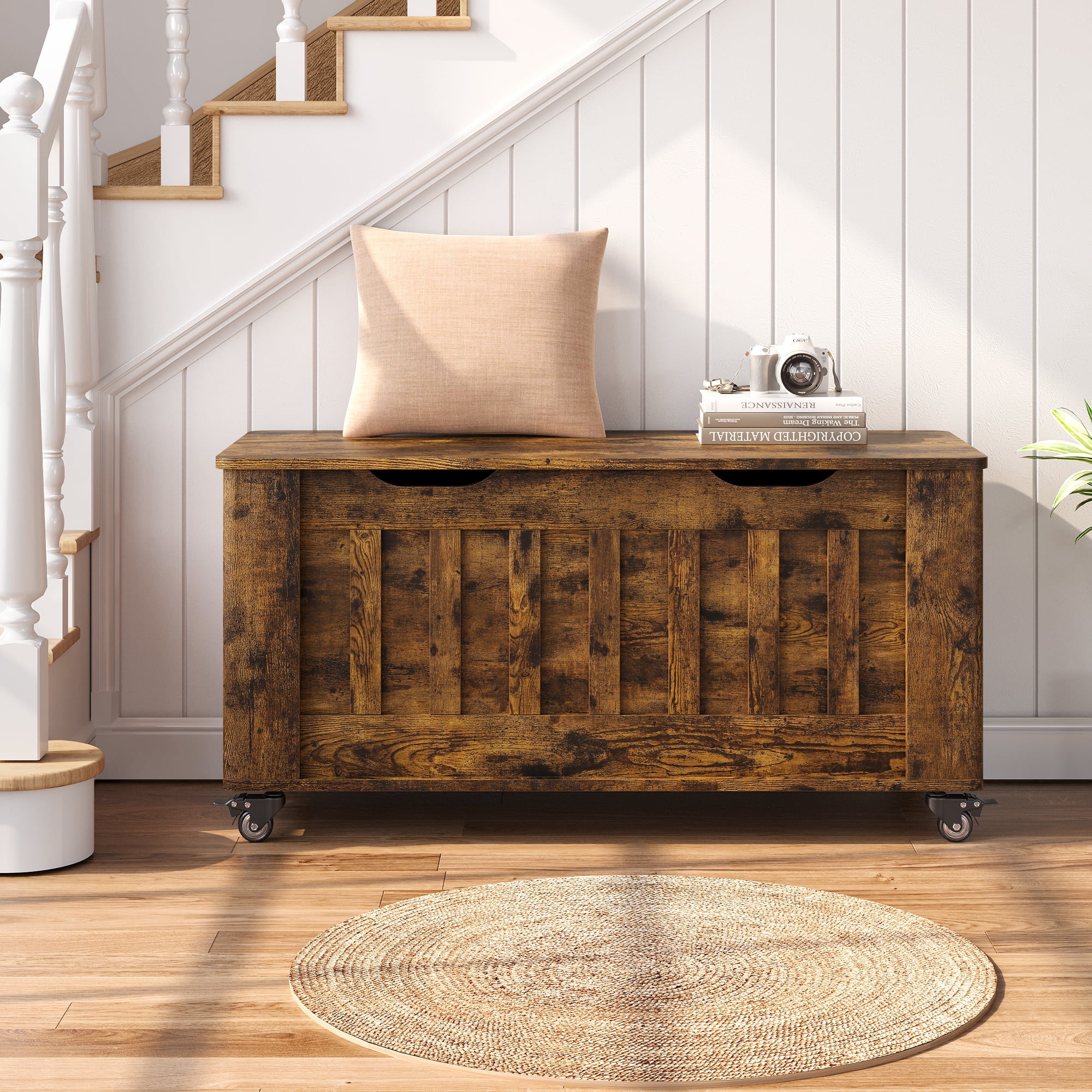 39.4'' Storage Chest, Storage Trunk With 4 Wheels, Wooden Storage Bench ...