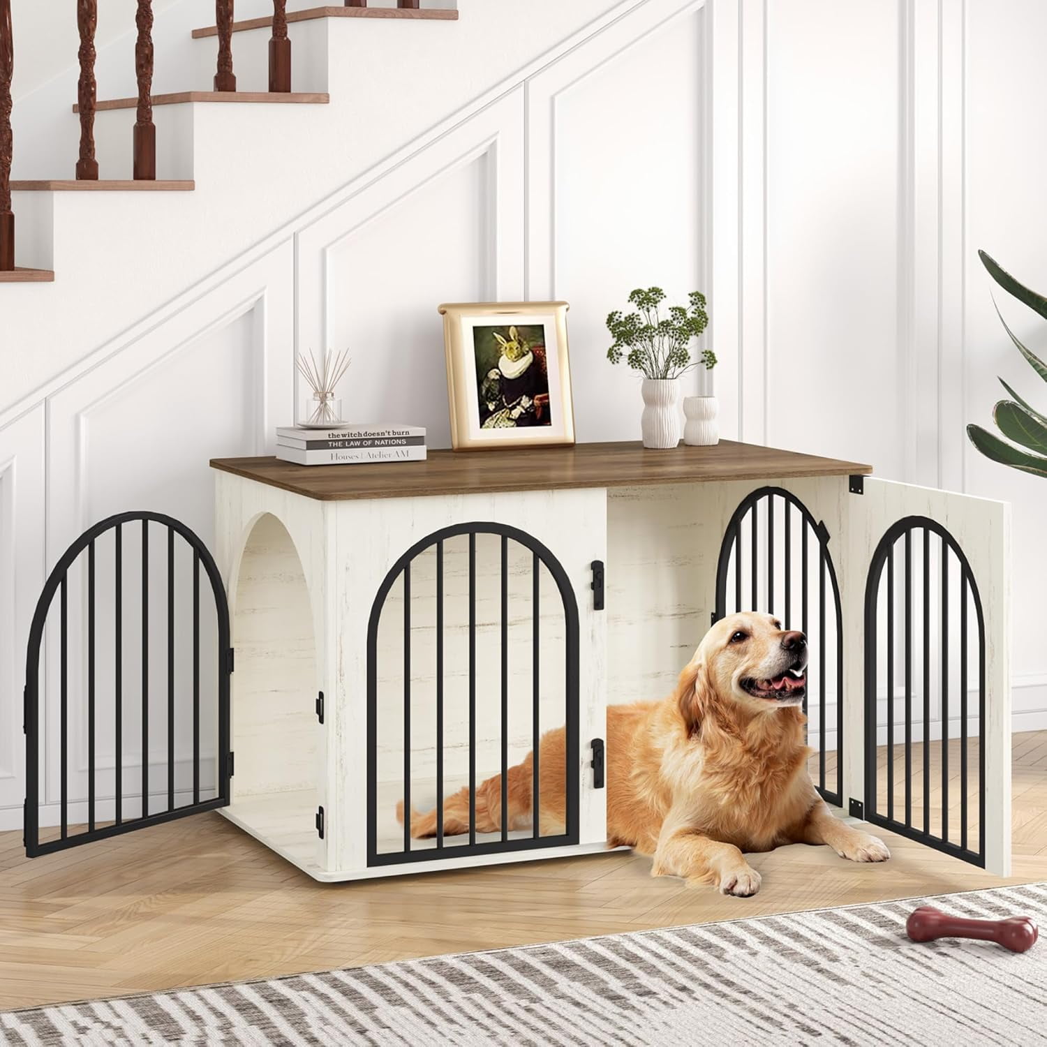 39.4" Wooden Dog Crate Furniture TV Stand, Indoor Dog Kennel for Small ...