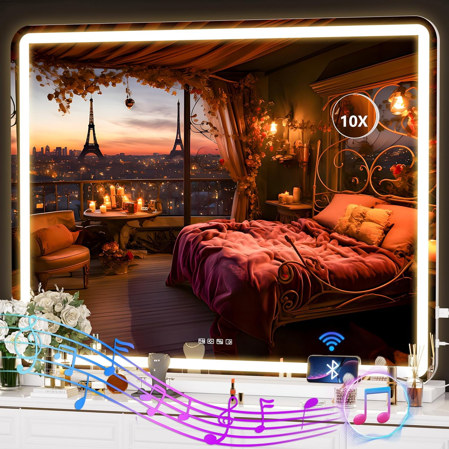 39.4" X 29.5" Round White LED Vanity Mirror with Lights, Bluetooth ...