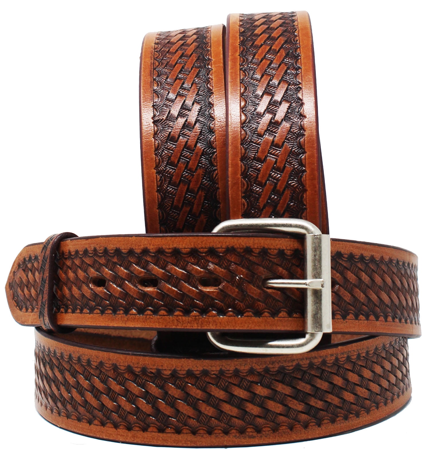 39-40 Unisex 1-1/2" 100% Full Grain Tan Leather Basket Weave Tooled ...