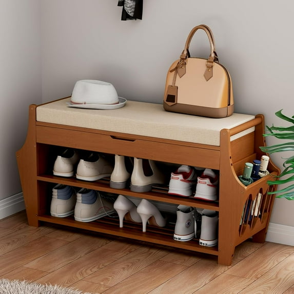 39.4in Shoe Bench with 2 Side Holder 3 Tier Bamboo Entryway Bench with ...
