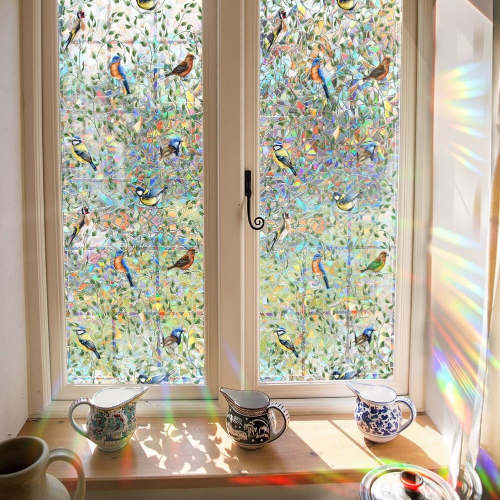 39.4x16.9 Inch Bird on Branch Rainbow Window Privacy Film Green Leaves ...
