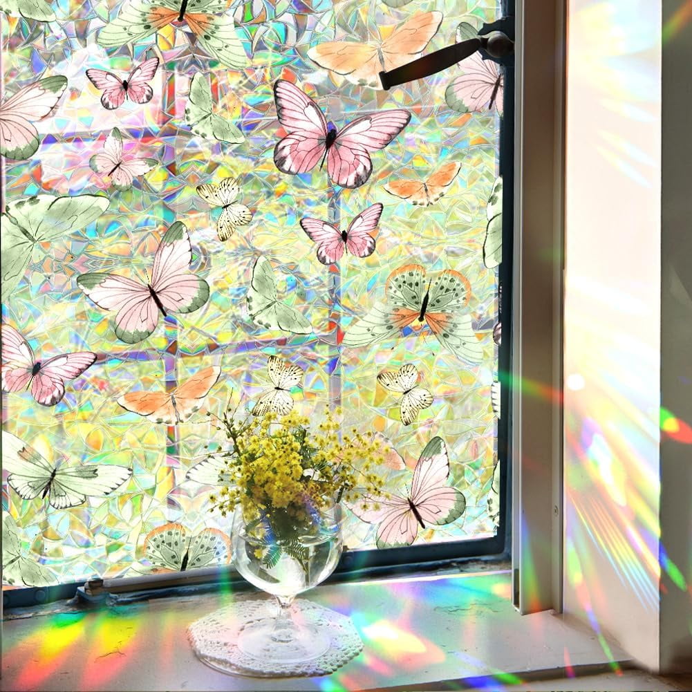 39.4x16.9 Inch Rainbow Window Privacy Film Decorative Butterfly Plastic ...