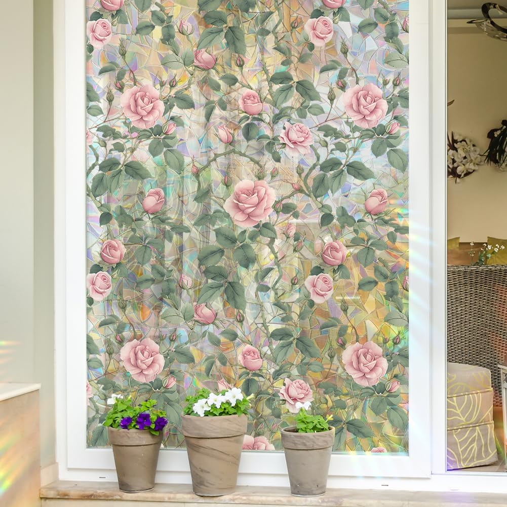 39.4x17 Inch Pink Rose Rainbow Window Privacy Film Flower Sun Blocking ...