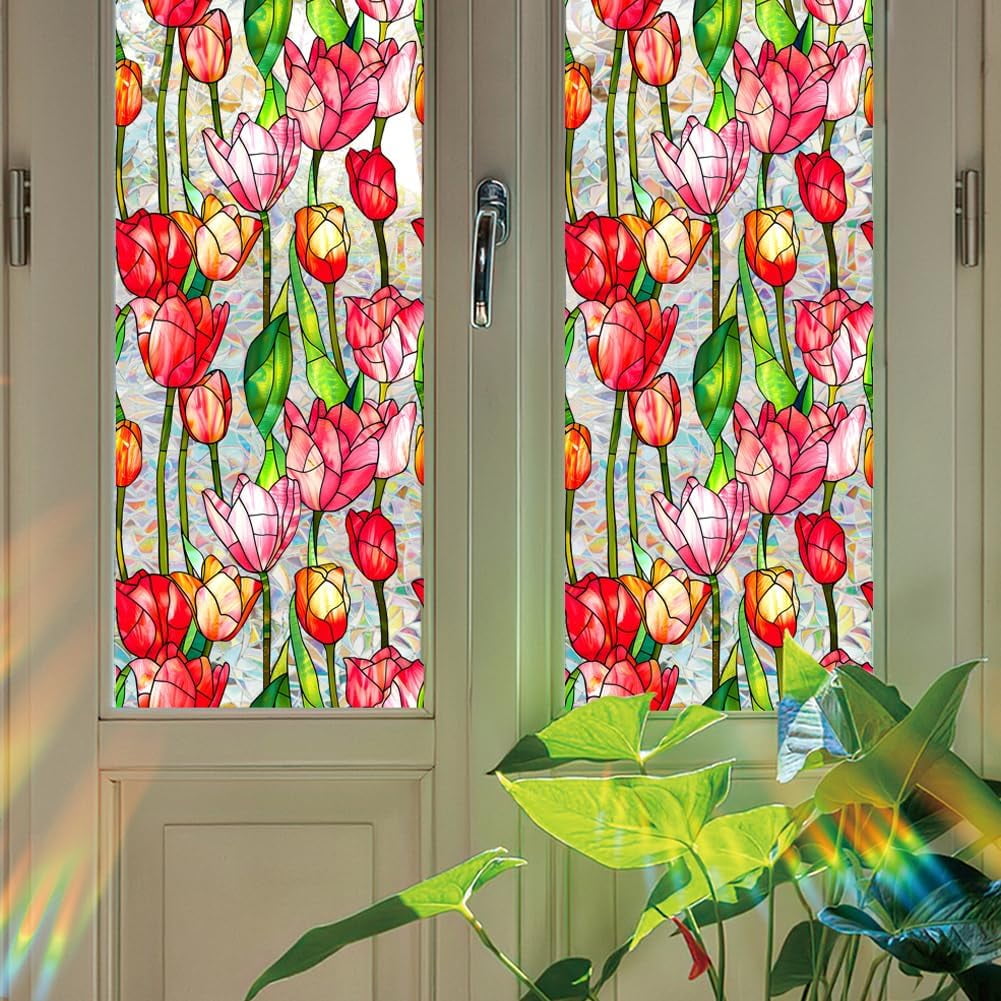 39.4x17 Inch Tulip Privacy Sun Blocking Window Privacy Film Flower ...