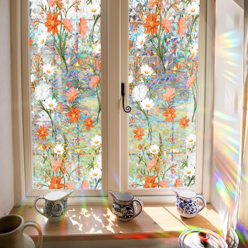 39.4x17 Inch Wildflower Rainbow Window Privacy Film Sun Blocking Window ...