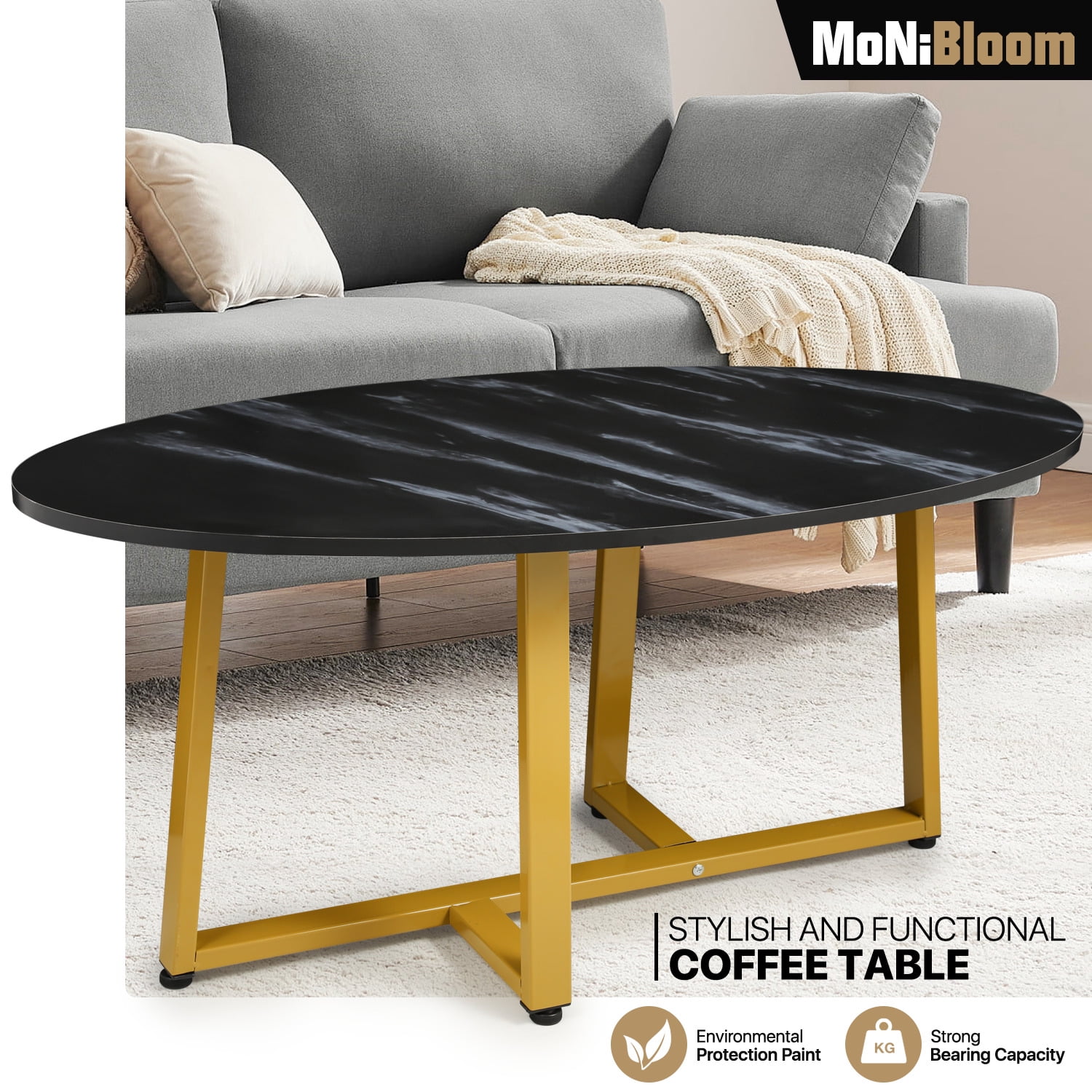 39.5" Coffee Tea Table Black Wooden Oval Marbling Tabletop Metal ...