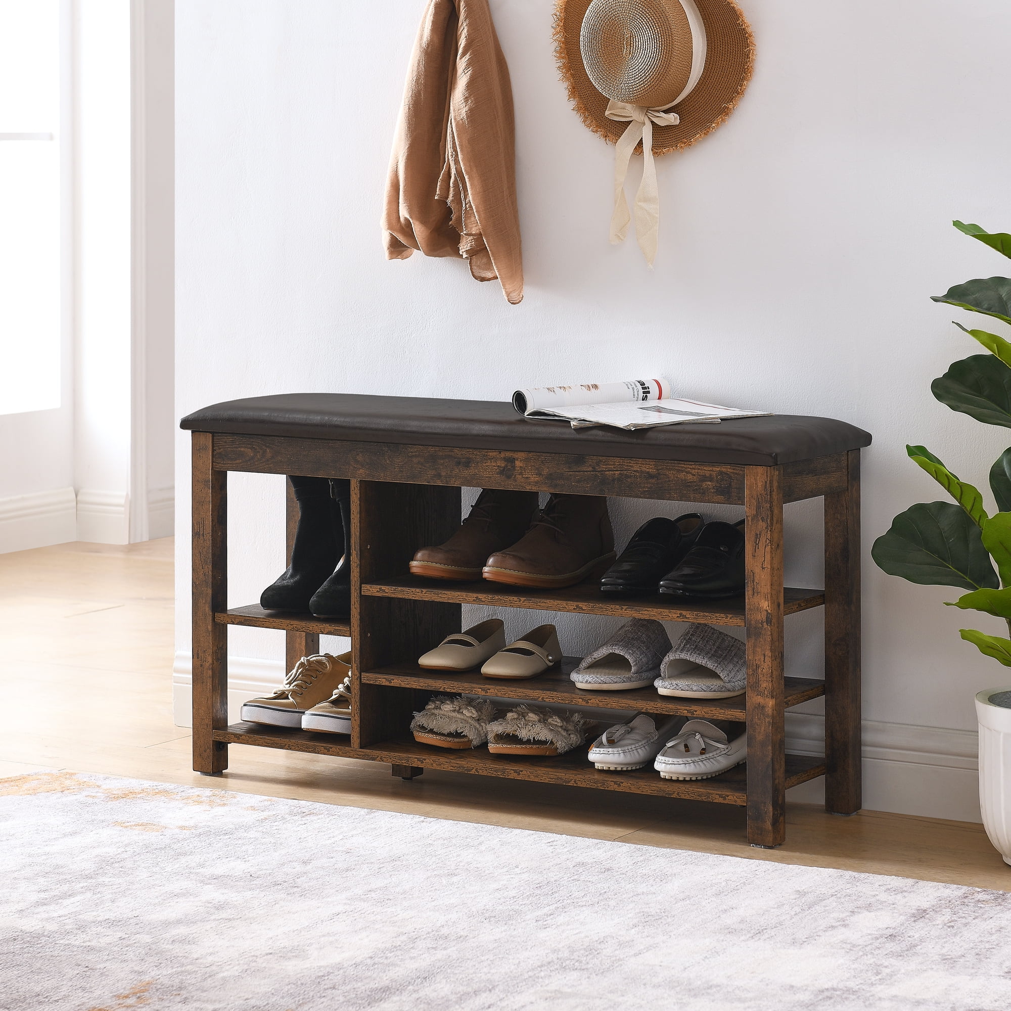 39.5" Wooden Shoe Bench, Rubberwood Shoe Rack Bench with PU Cushion and ...