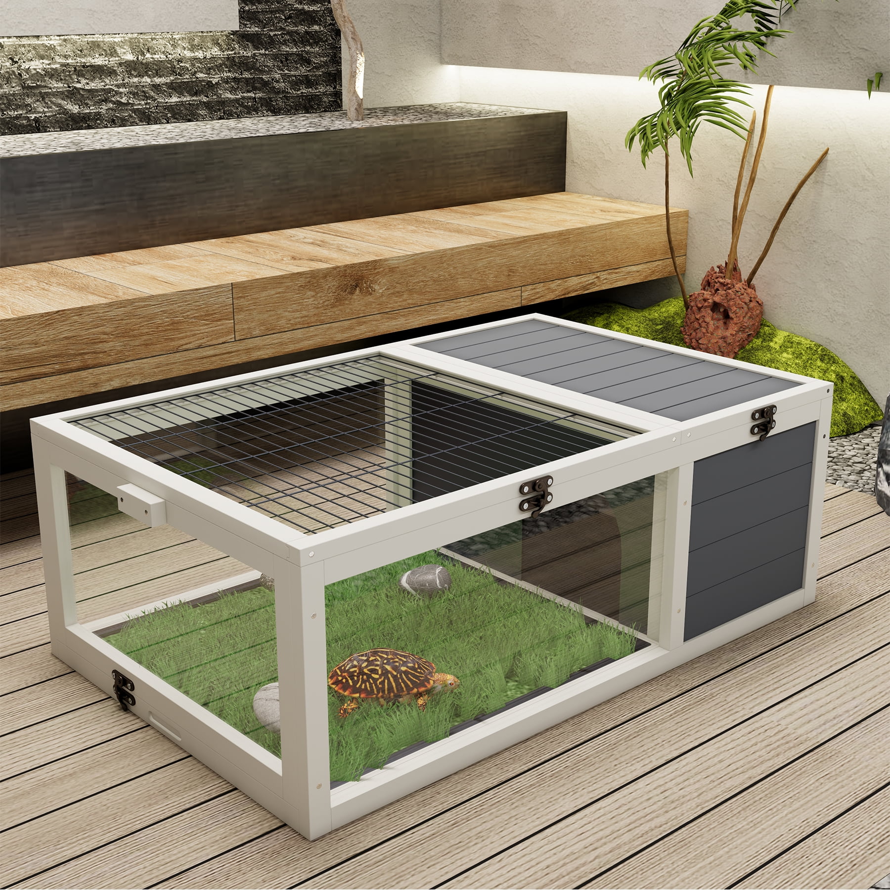 39.5" Wooden Tortoise House - Indoor/Outdoor Reptile Habitat with 2 ...