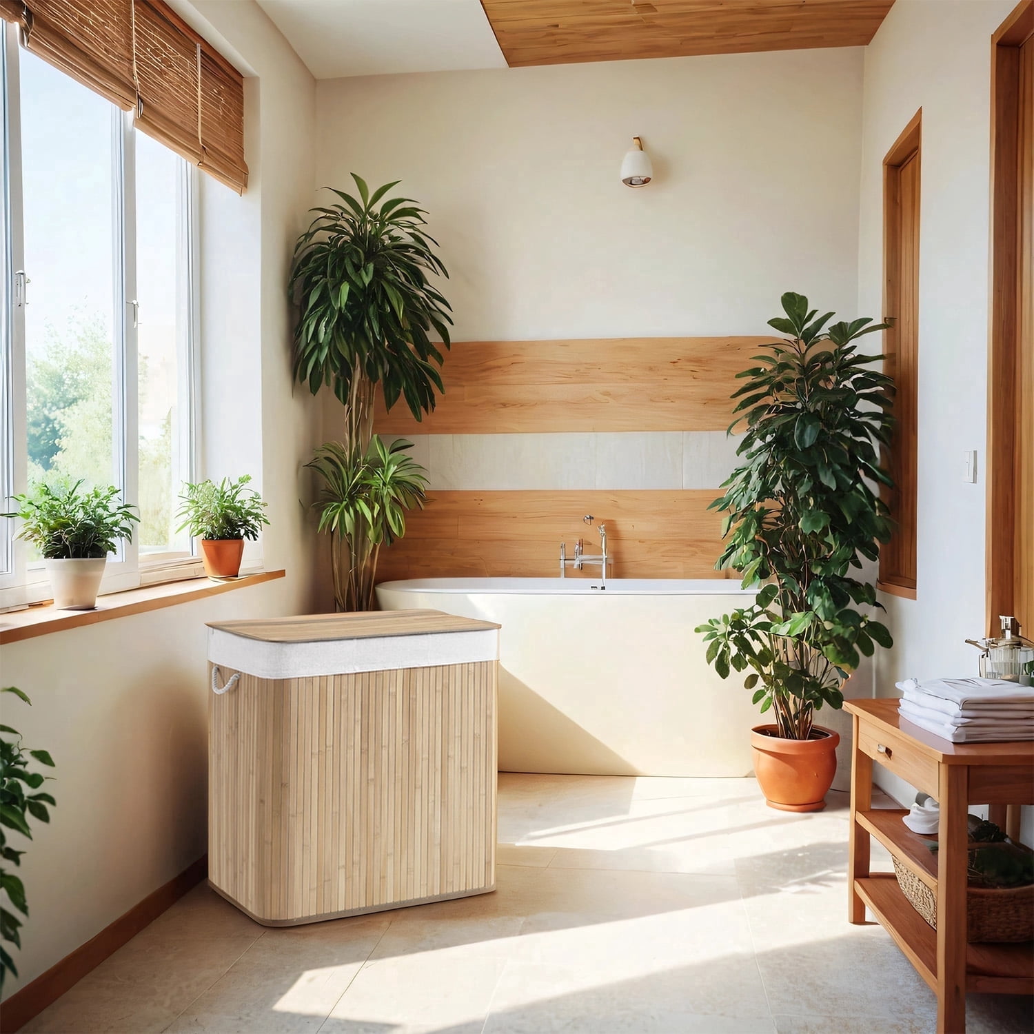 39.6 Gallons Laundry Hamper, 3-Section Laundry Basket, with Lid, Bamboo ...