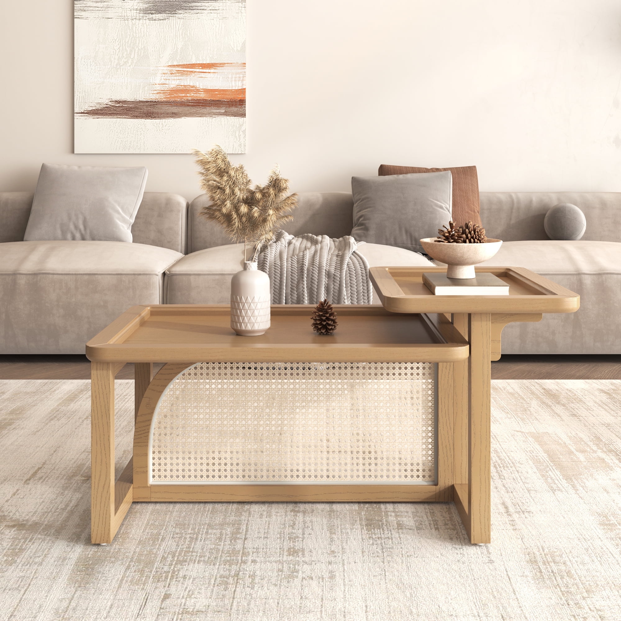 39.6" Modern Nesting Coffee Table Set, Natural Finish, Rubber Wood + Rattan + MDF, 2 Pieces ...