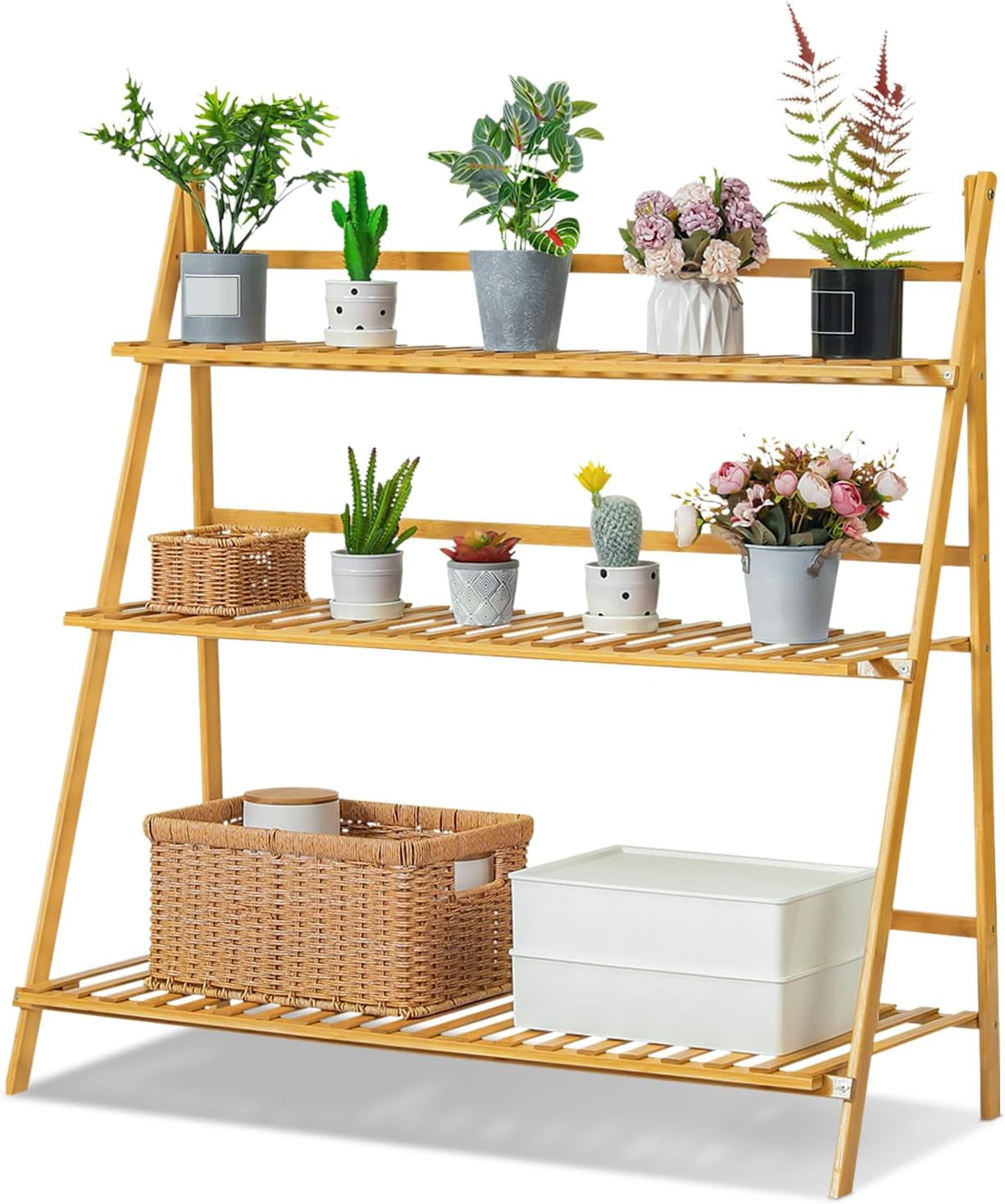 39" Bamboo Ladder Plant Stand 3 Tiers Foldable Flower Pot Display Shelf ...