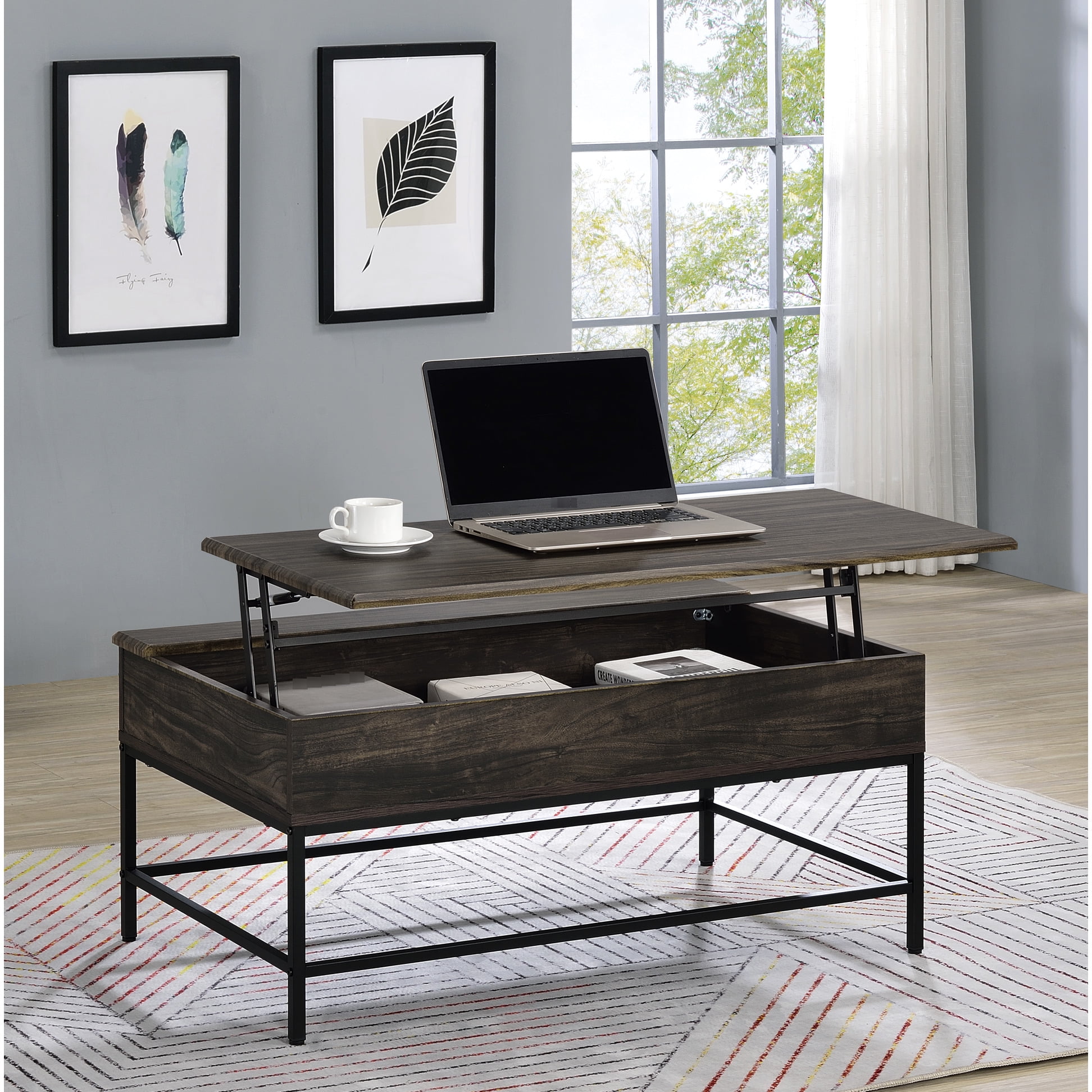 39" Brown Lift Top Coffee Table, Storage Space Within Tabletop ...