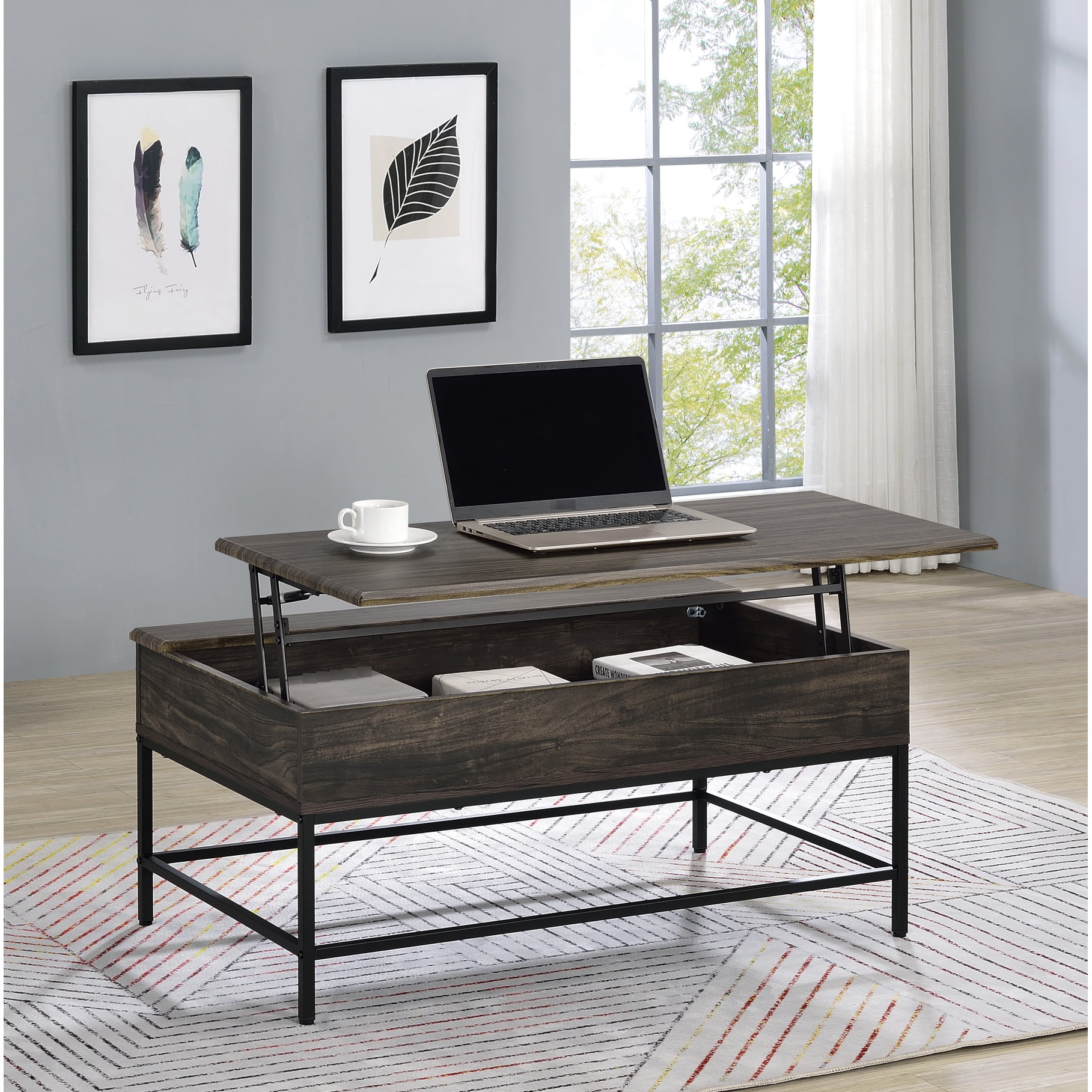 39" Brown Lift Top Coffee Table, Tabletop With Storage Feature, Beveled ...