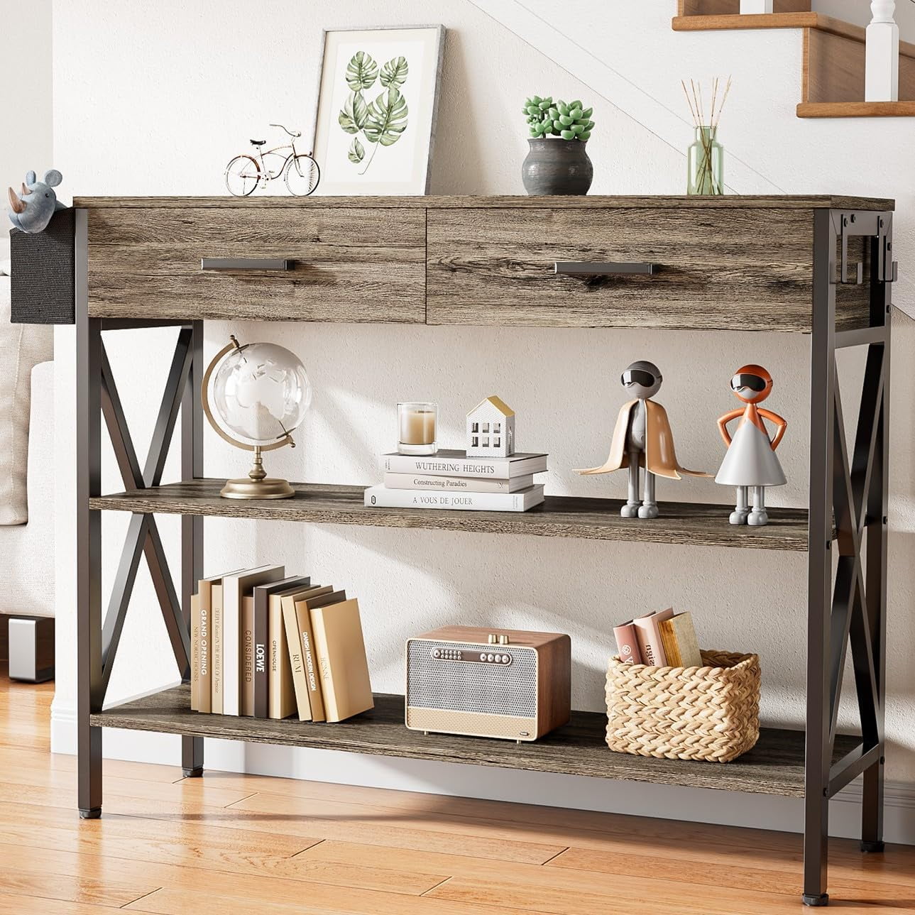 39" Console Table with 2 Drawers, Industrial Entryway Table with 3 Tier ...