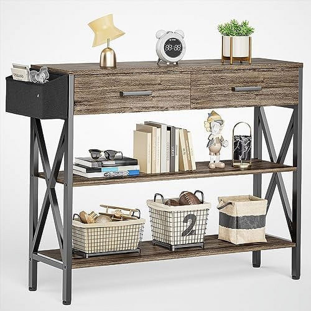 39" Console Table with 2 Drawers, Industrial Entryway Table with 3 Tier ...