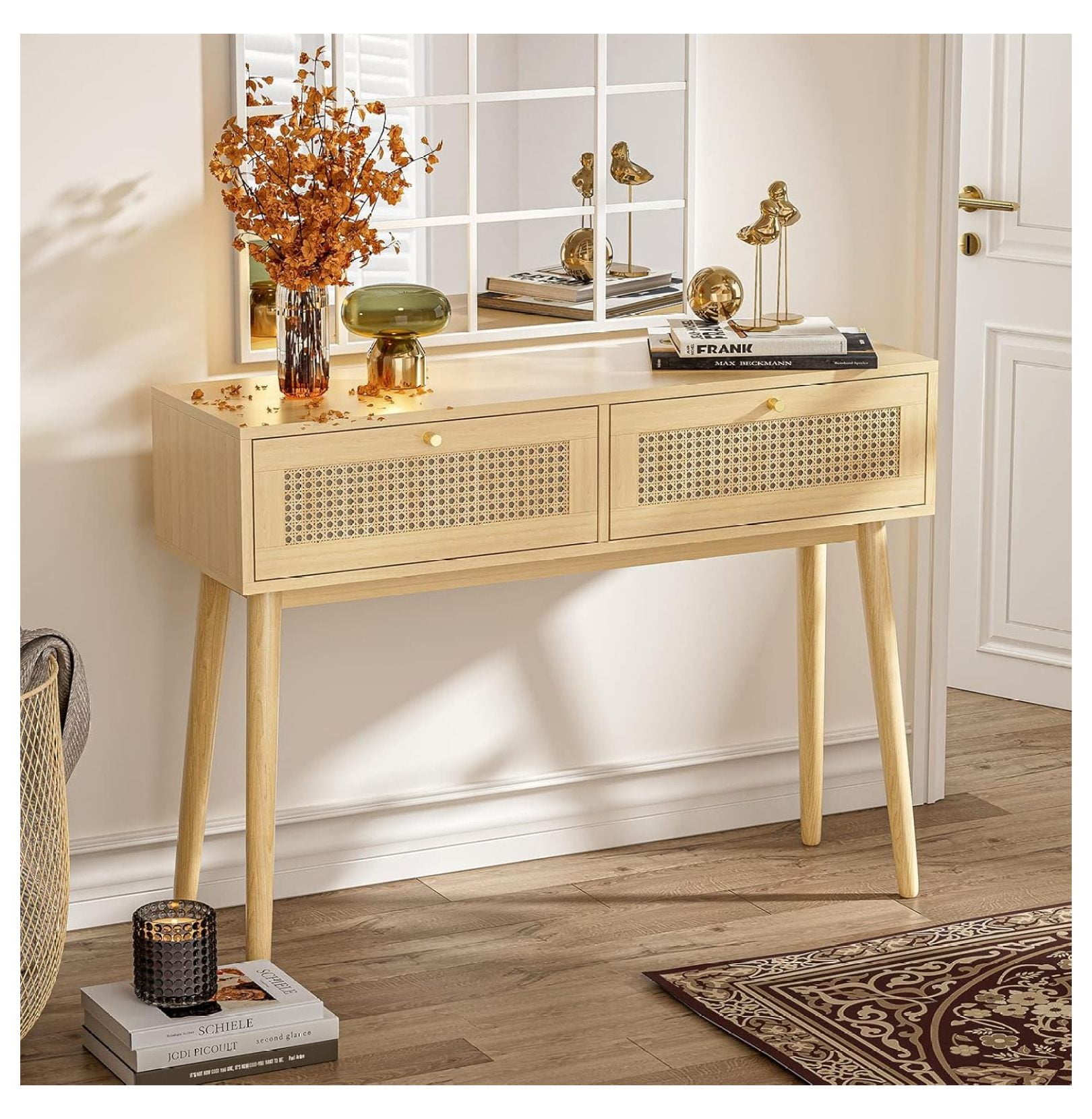 39" Console Table with Rattan Drawers, Modern Narrow Entryway Table ...