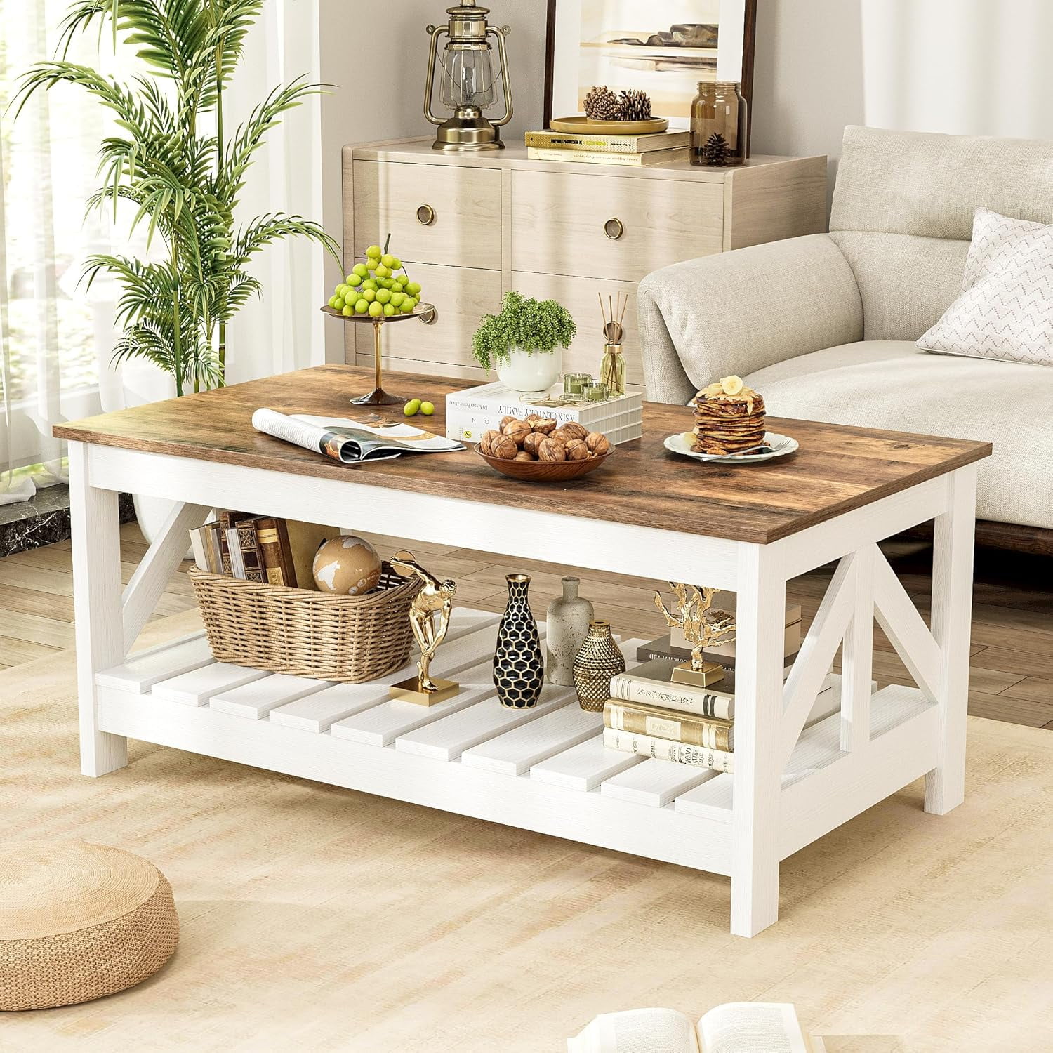 39” Farmhouse Coffee Table for Living Room, 2-Tier Modern Living Room ...
