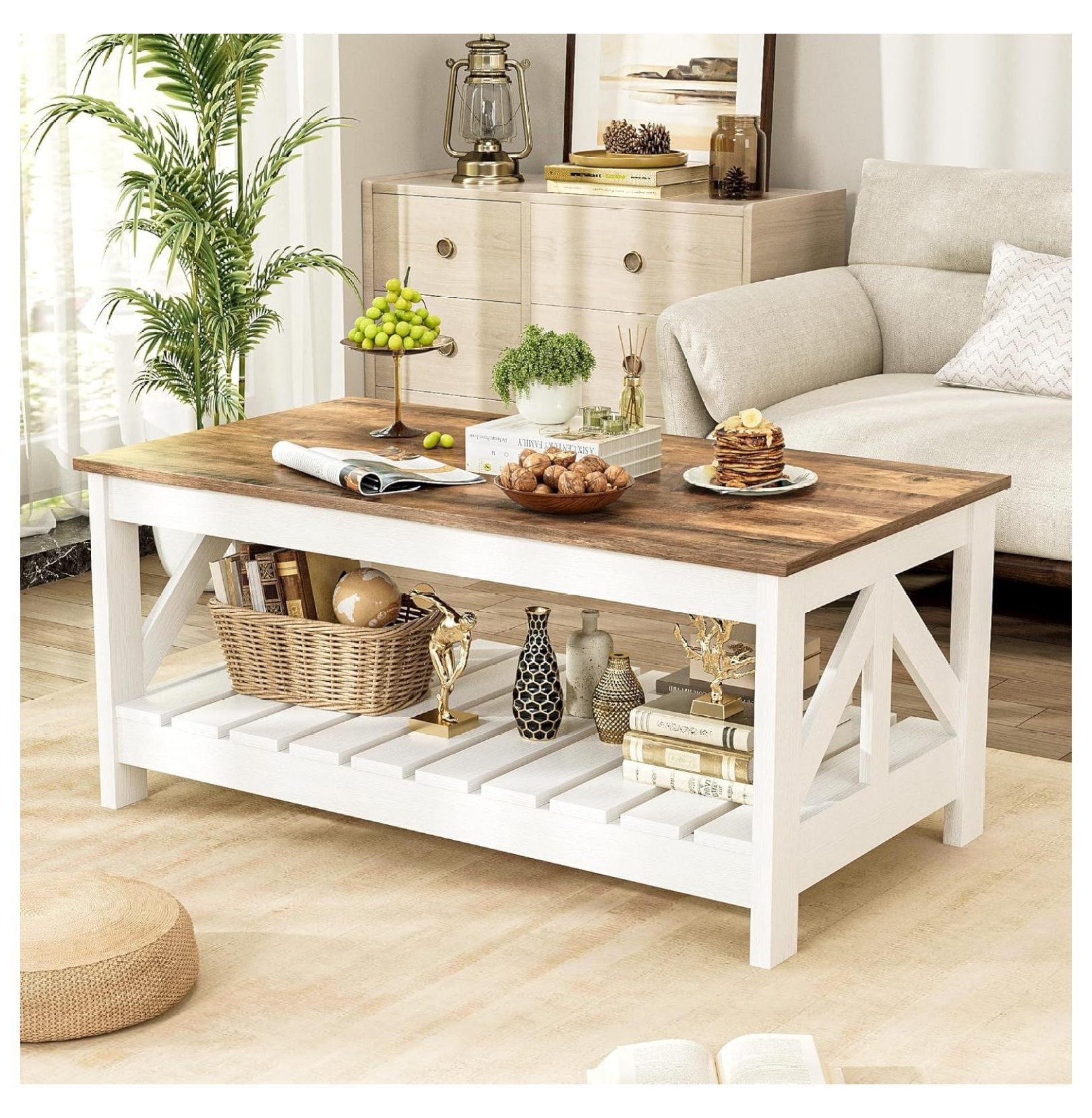 39” Farmhouse Coffee Table for Living Room, 2-Tier Modern Living Room Table with Storage Shelf ...