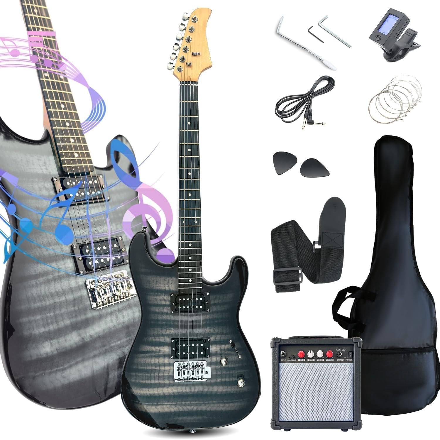 39" Full Size ST Style Guitar Starter Kit with HH Pickup, 20W Portable ...