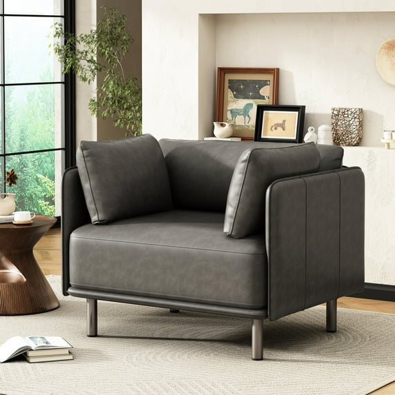 39" Grey Faux Leather Lounge Chair | Modern Minimalist Style | Durable ...