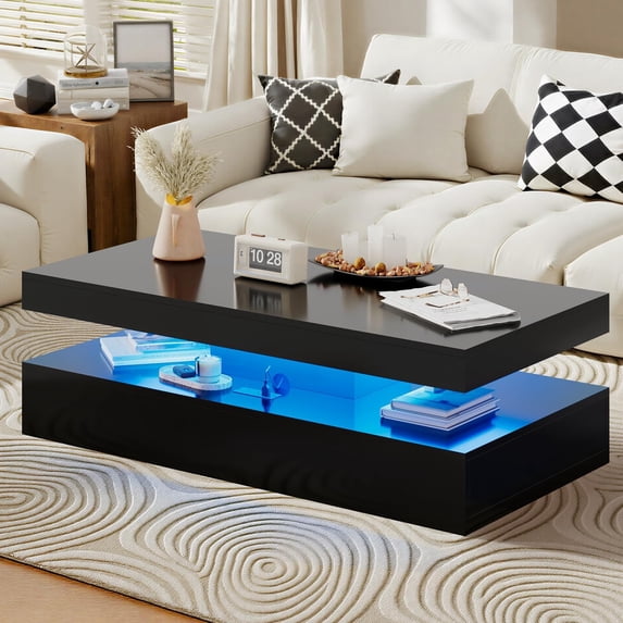 39" High-Glossy LED Coffee Table with 2 Sliding Drawers, Living Room ...