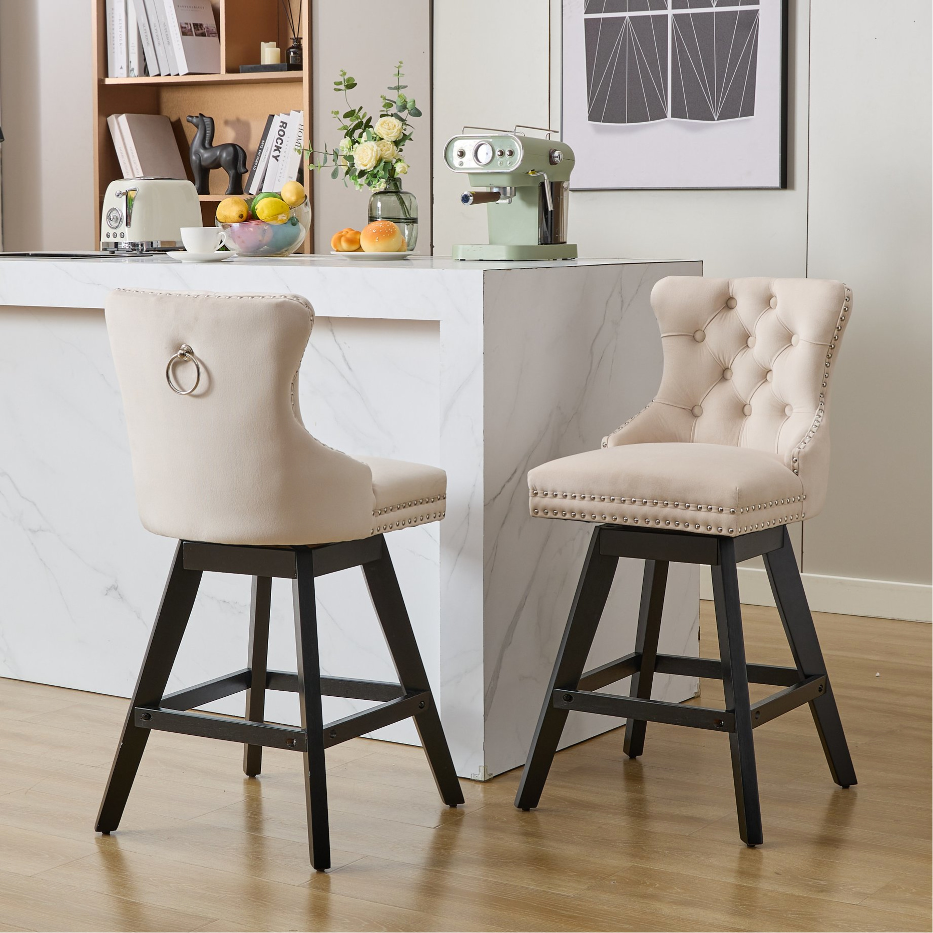 39 In. High Bar Chairs With Velvet Cover, Wooden Legs, Beige - Of 2 For ...