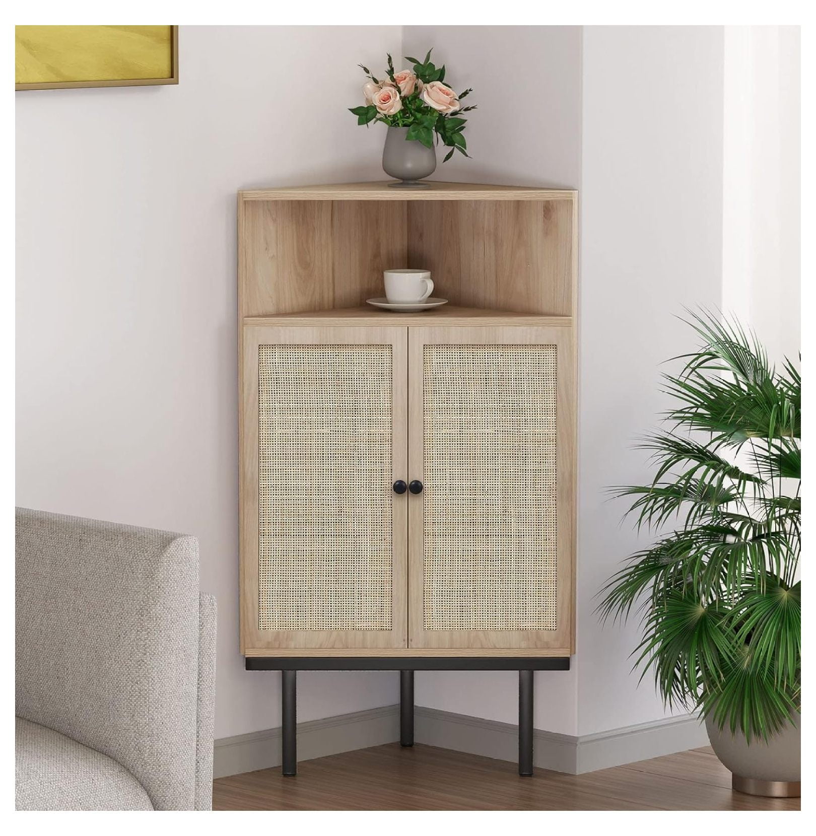 39 Inch 4-Tier Corner Cabinet with Two Hand-Woven Natural Rattan Doors ...