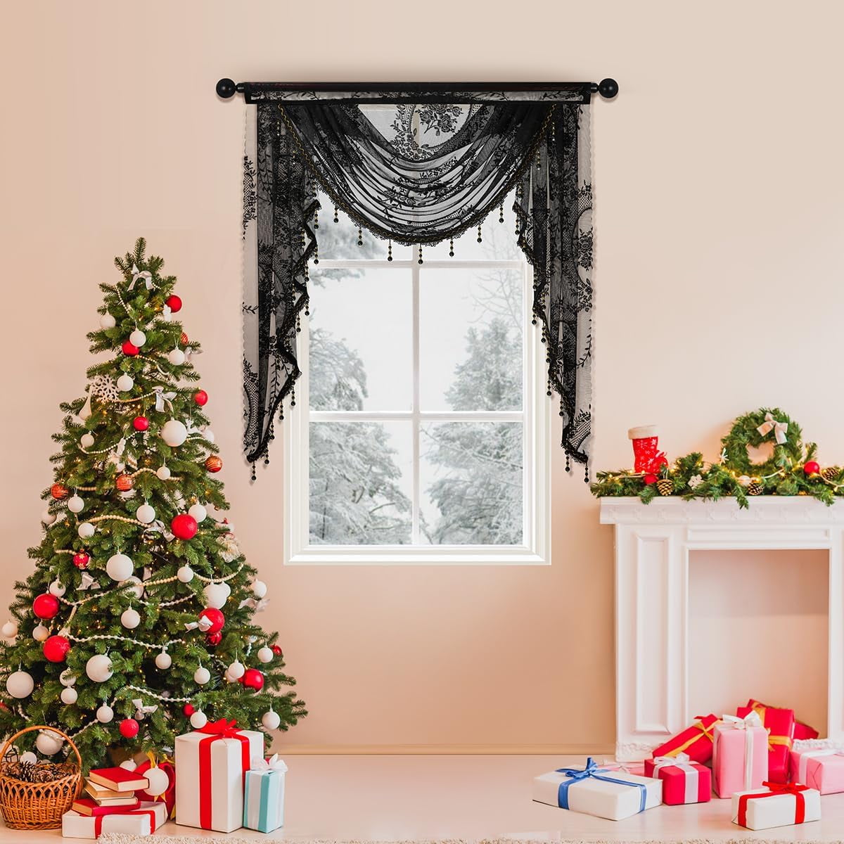39 Inch Black Lace Valance with Beads Romantic Floral Sheer Curtain for ...