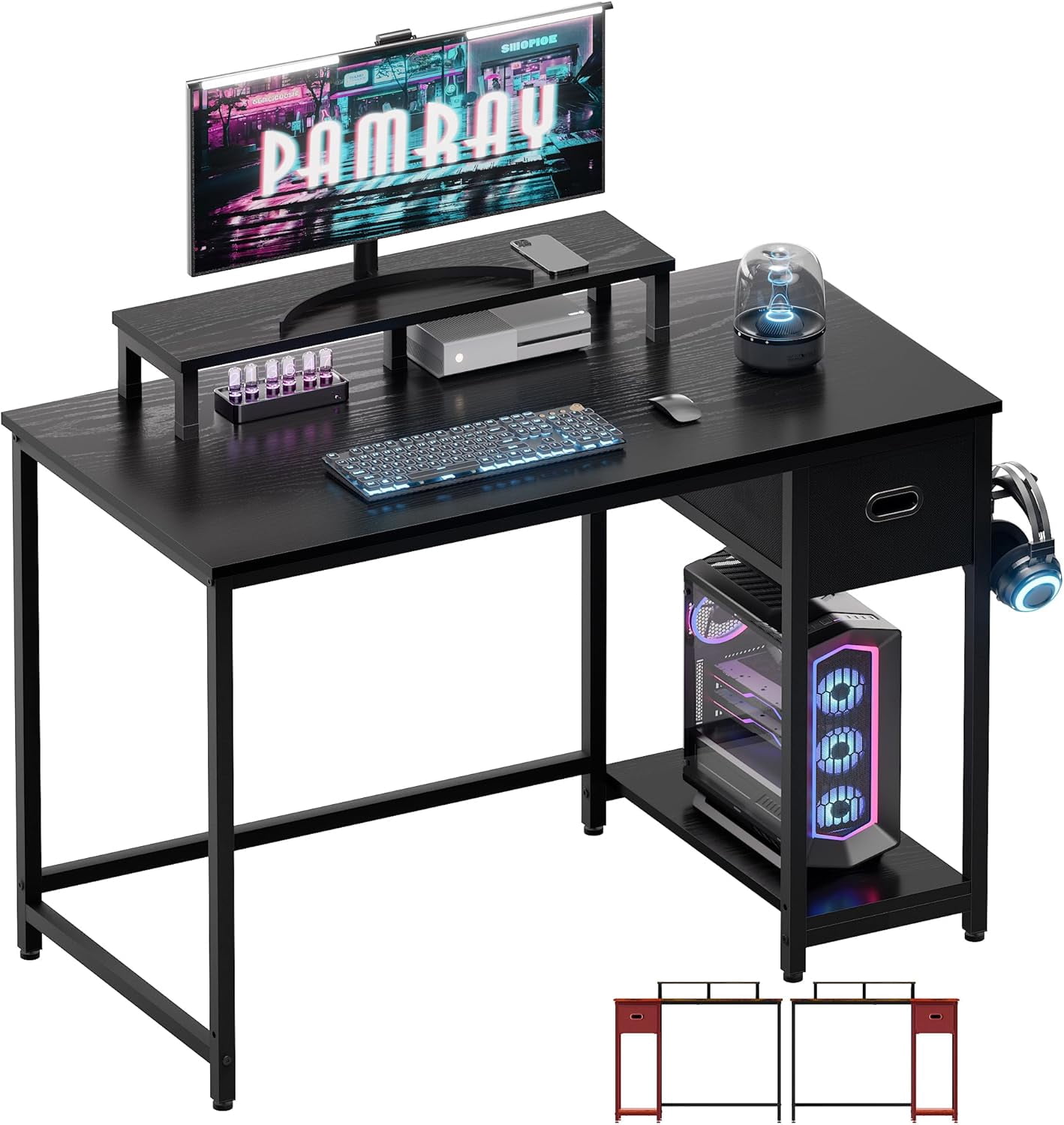 39 Inch Black Modern Computer Desk with Monitor Stand and Non-Woven ...